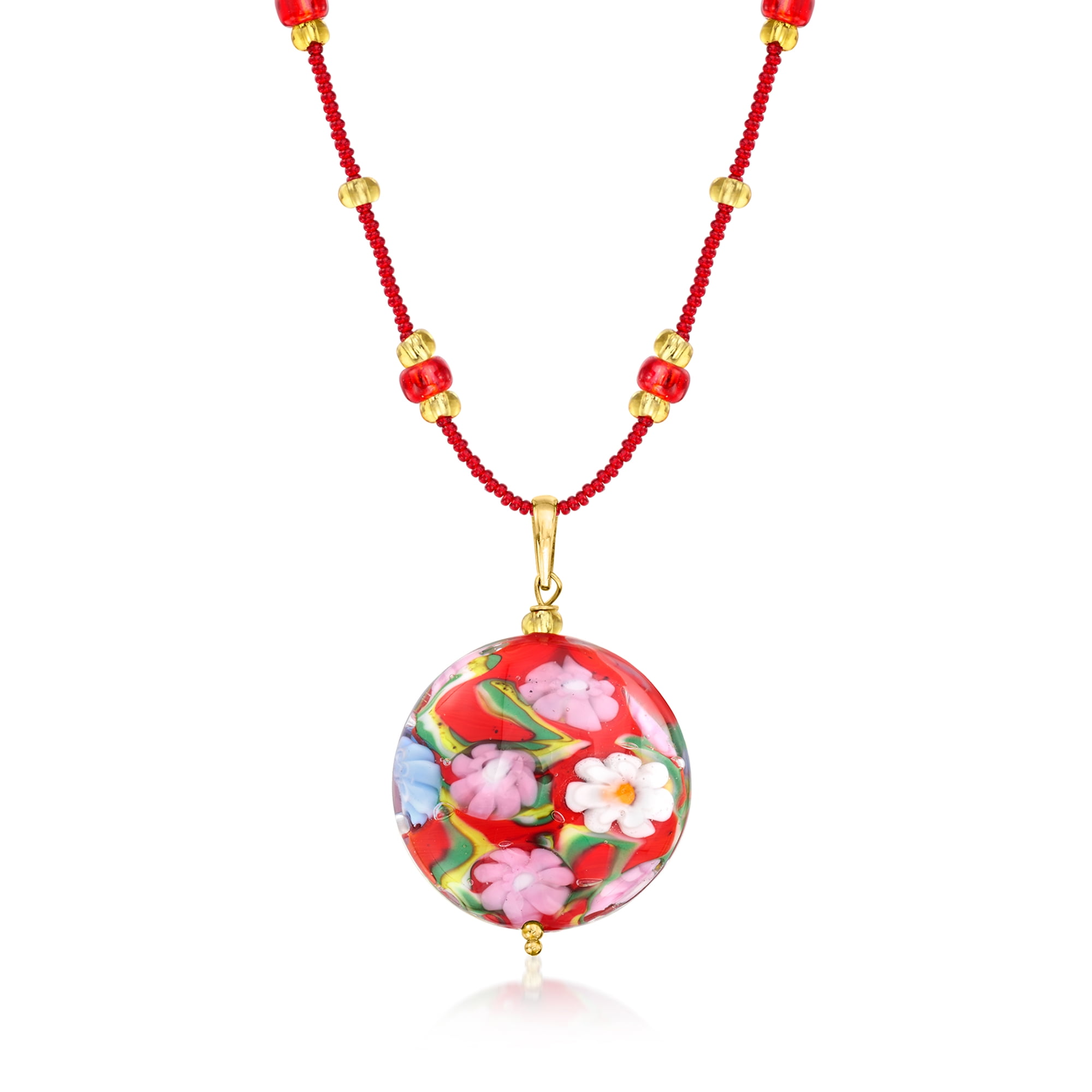 Ross-Simons Italian Red Murano Glass Floral Disc Pendant Necklace With ...