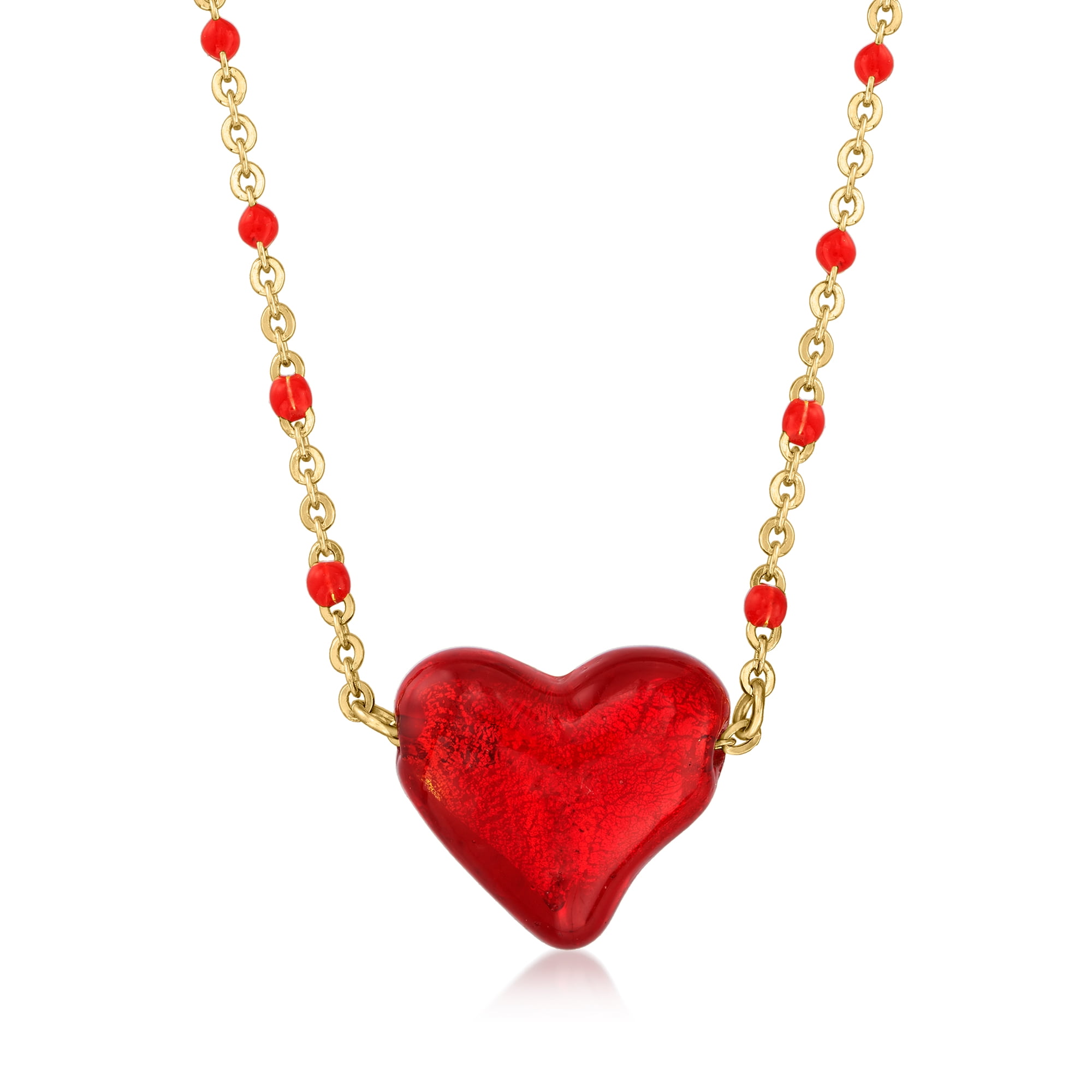 Ross-Simons Italian Red Murano Glass Heart Bead Necklace in 18kt Gold ...