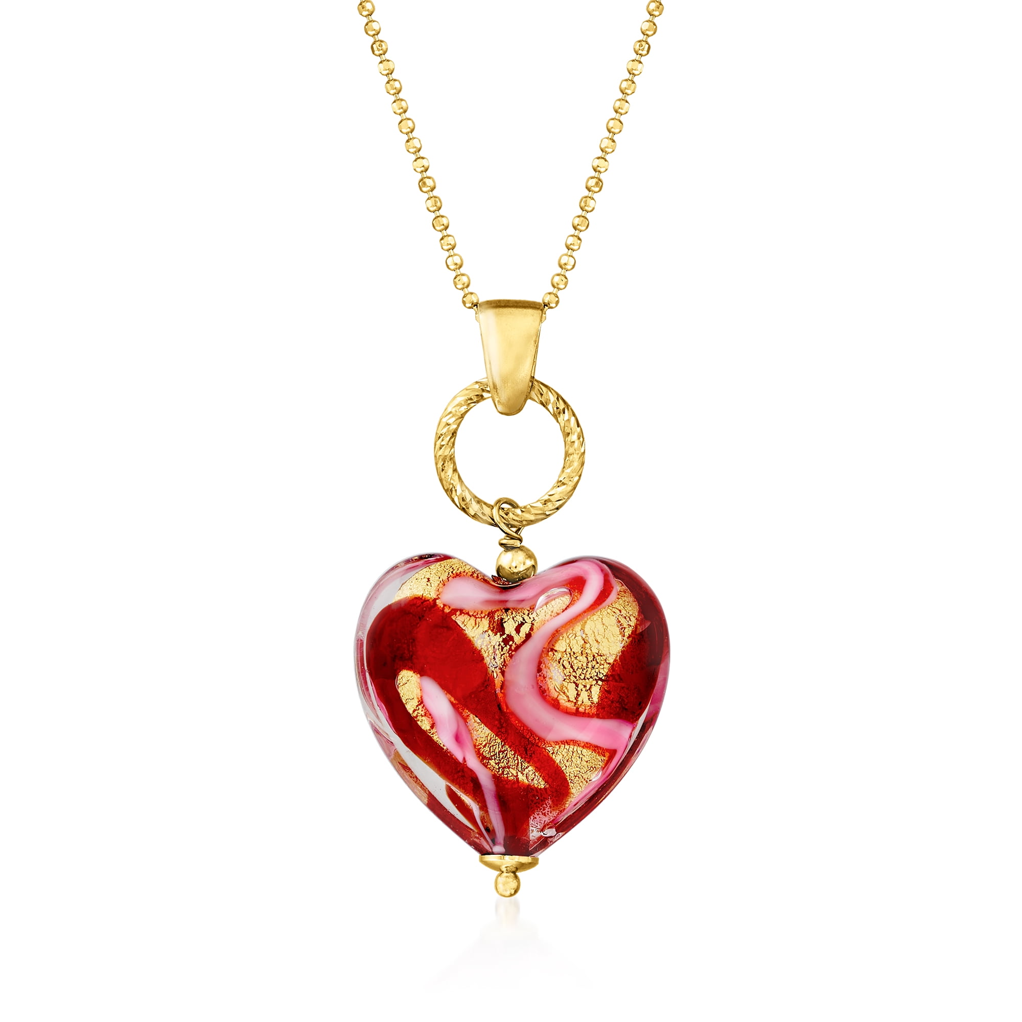 Ross-Simons Italian Red and Pink Murano Glass Heart Pendant Necklace in 18kt Gold Over Sterling ...