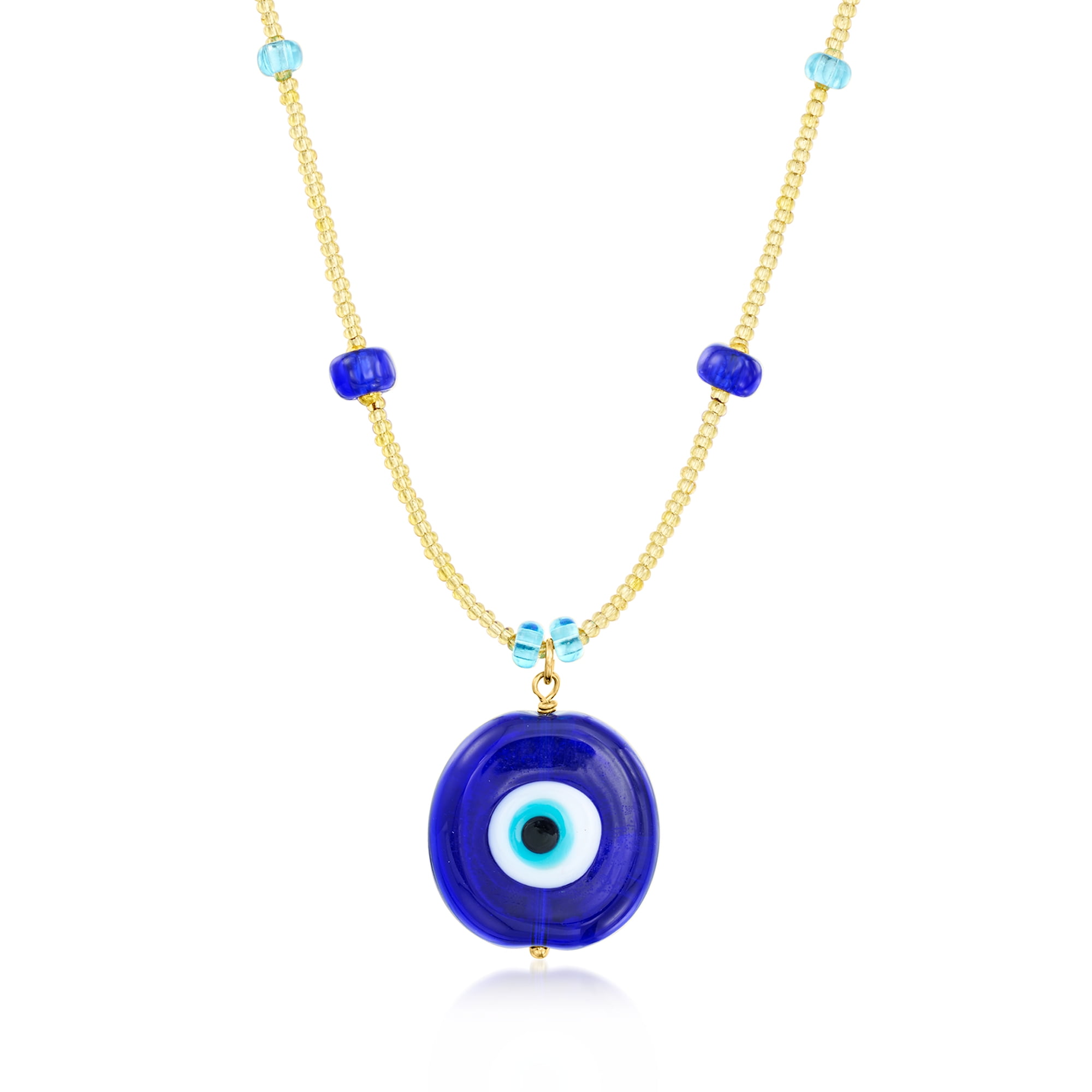 Ross-Simons Italian Tonal Blue and Golden-Colored Murano Glass Bead Evil Eye Necklace With 18kt ...
