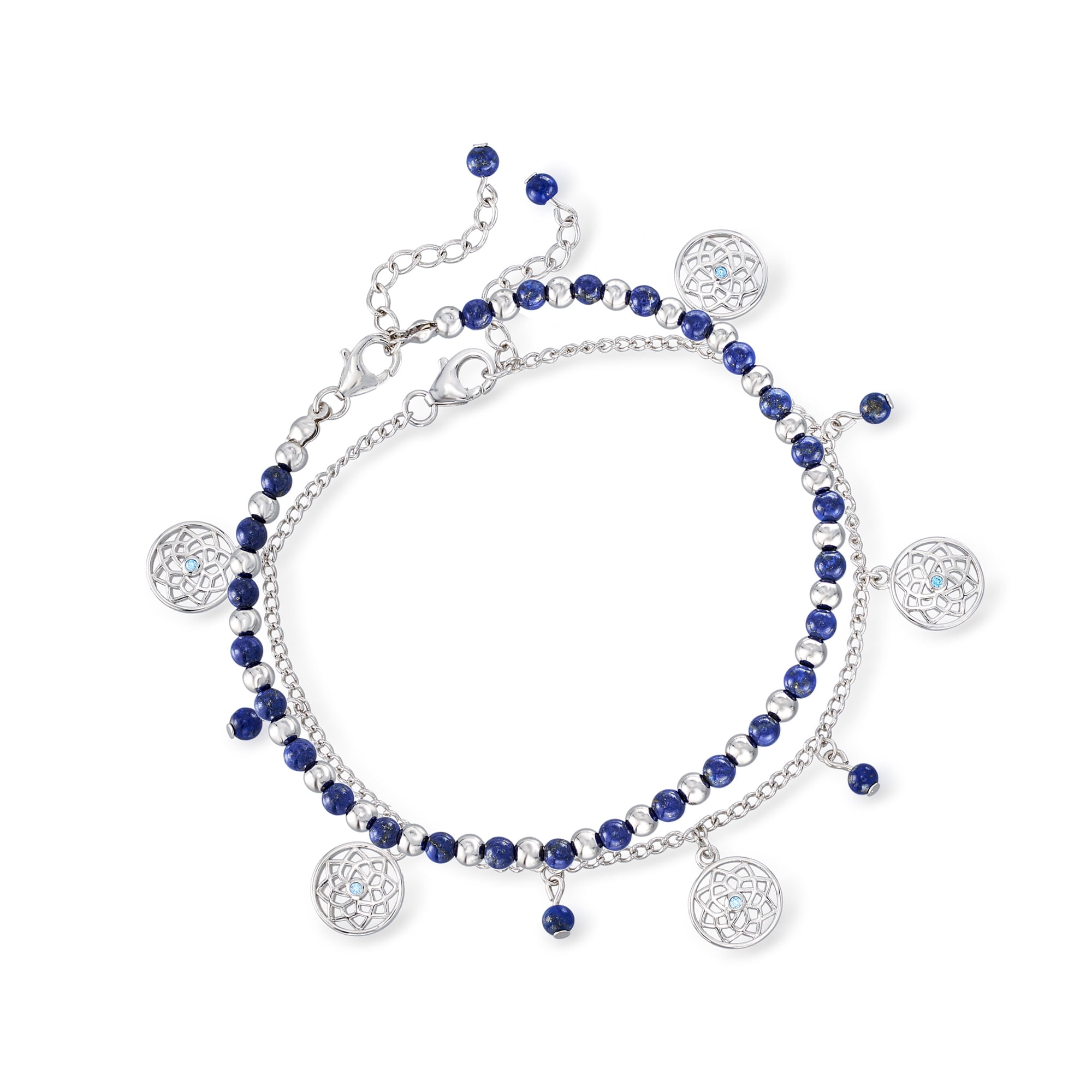 Ross-Simons Lapis Bead Jewelry Set: 2 Charm Anklets in Sterling Silver ...
