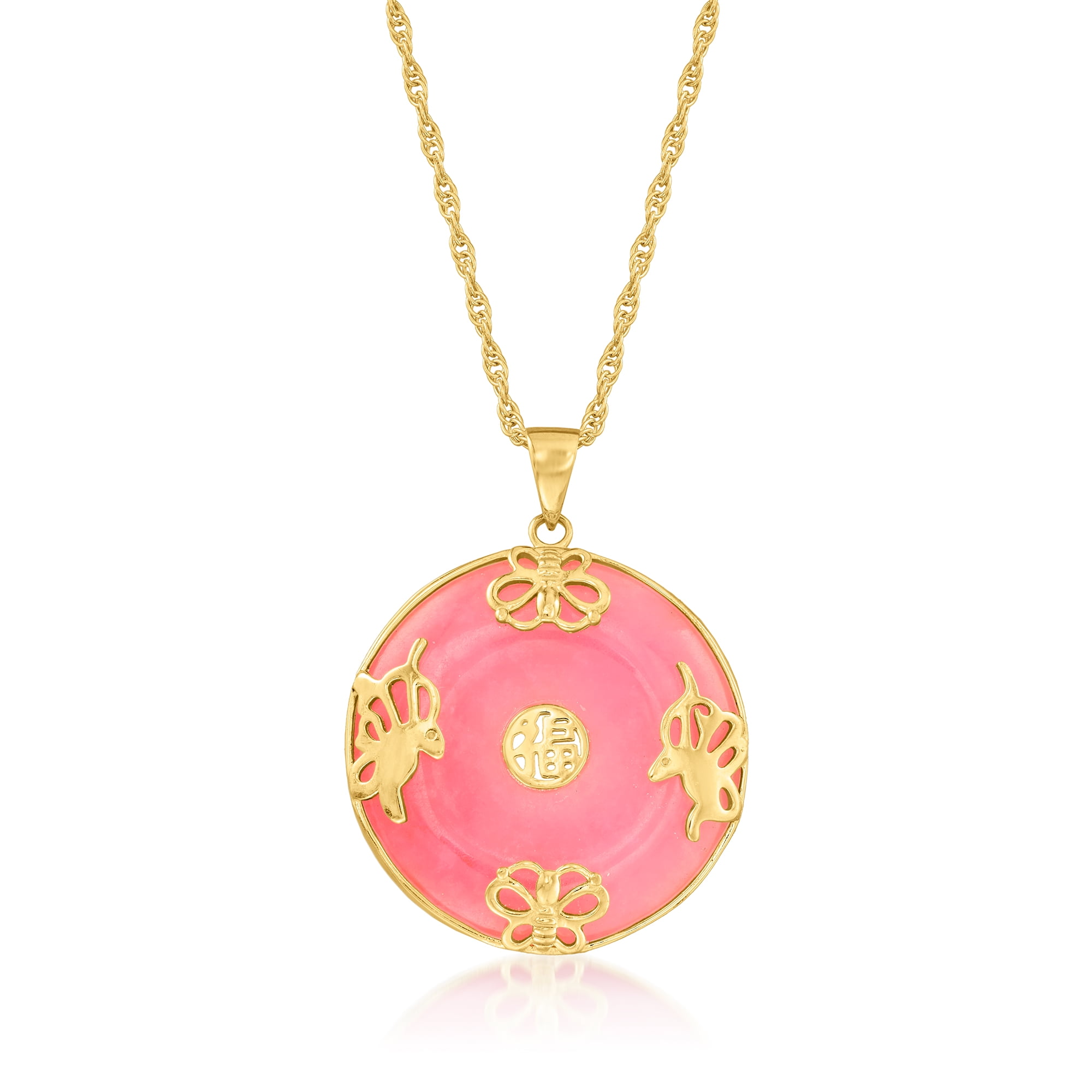 Ross-Simons Pink Jade "Good Fortune" Butterfly Pendant Necklace in 18kt ...