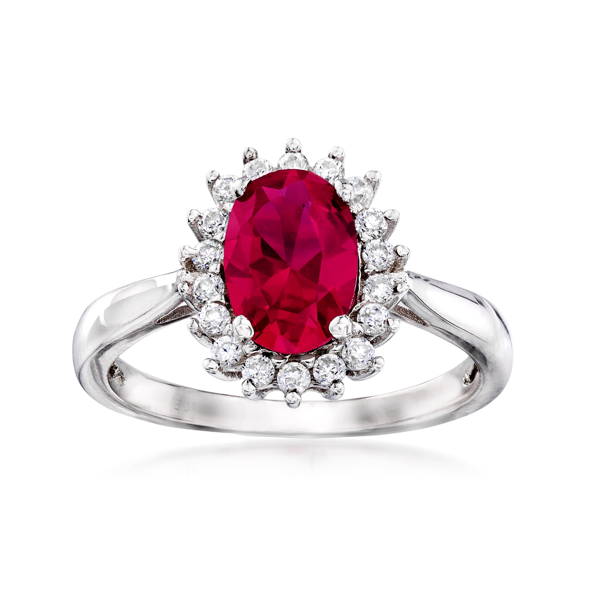 Ross-Simons Synthetic Ruby and .20 ct. t.w. CZ Halo Ring in Sterling ...