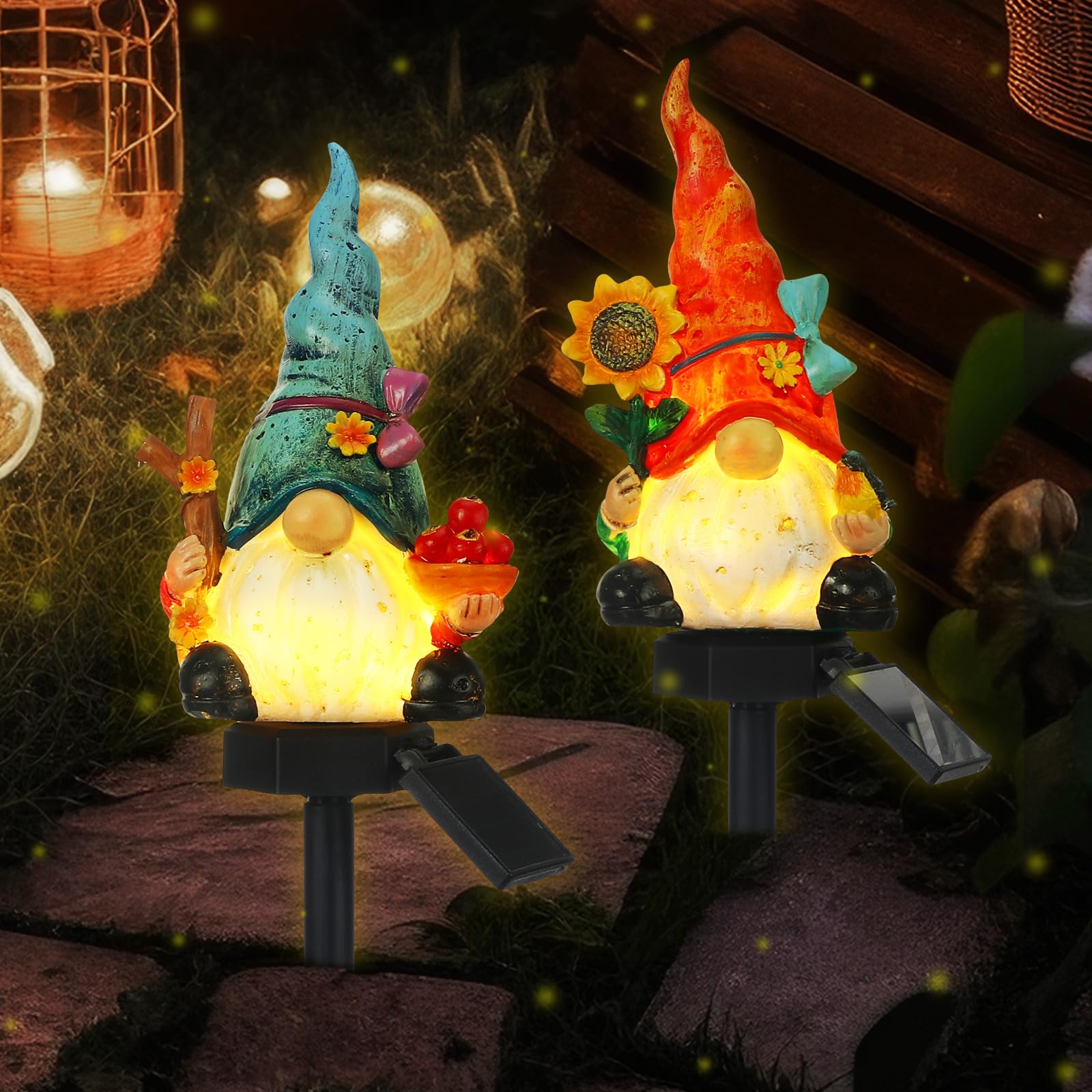 Rossesay 2 Pack Solar Gnome Stakes Lights - Outdoor Pathway Decor ...
