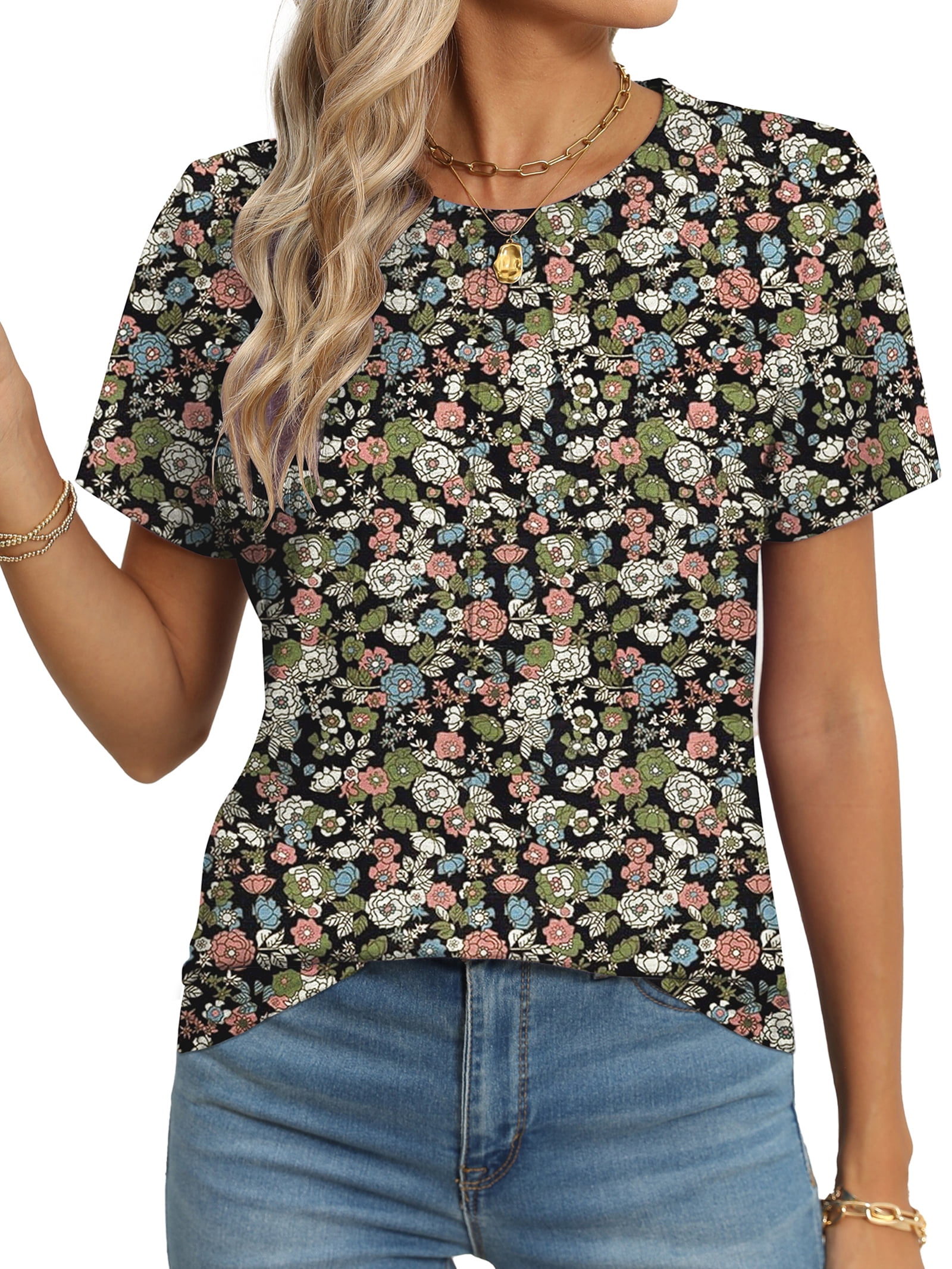 Rosvigor Women's Floral Summer Blouses, Casual Short Sleeve Shirts with ...