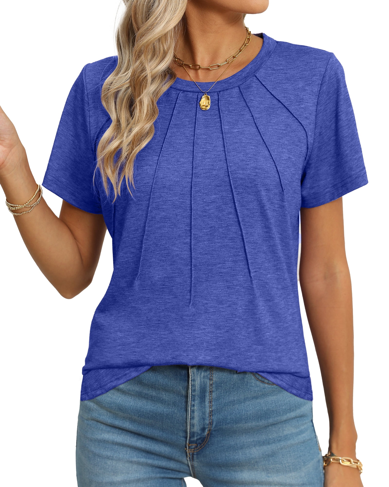 Rosvigor Blouses for Women, Short Sleeve Tops, Crewneck with Pleats ...