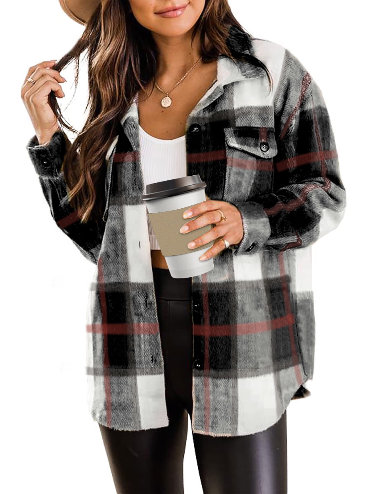 Rosvigor Women's Plaid Flannel Shackets, Long Sleeve Button Down ...