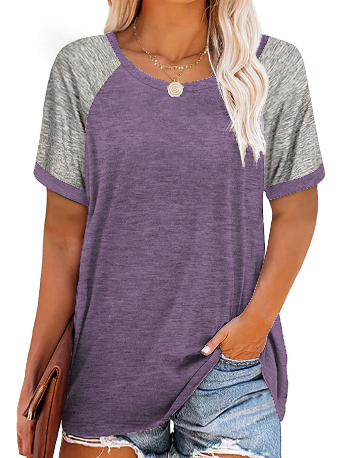 Rosvigor Plus Size Color Block T-Shirts for Women, Loose Short Sleeve ...