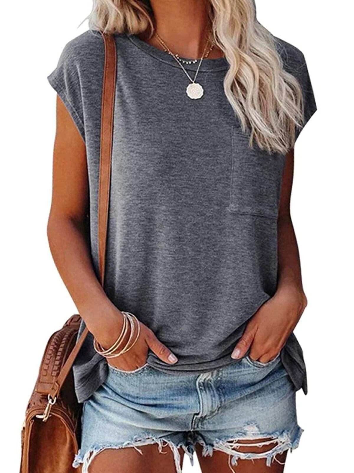 Rosvigor Women T Shirts Cap Sleeve Casual Tops for Women Summer Basic Tee with Pocket - Walmart.com