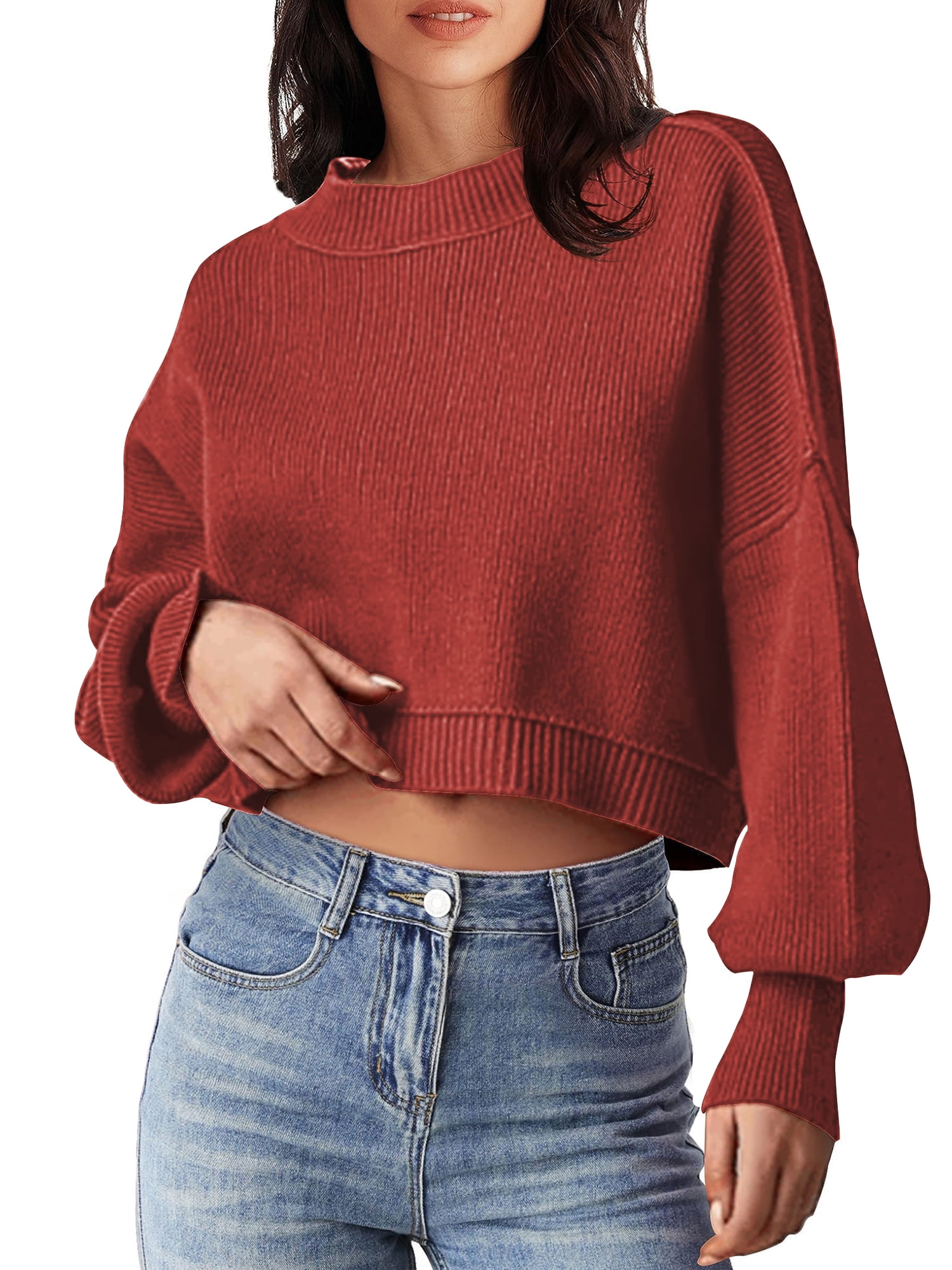 Rosvigor Womens Cropped Sweaters Oversized Knitted Warm Pullover Side ...