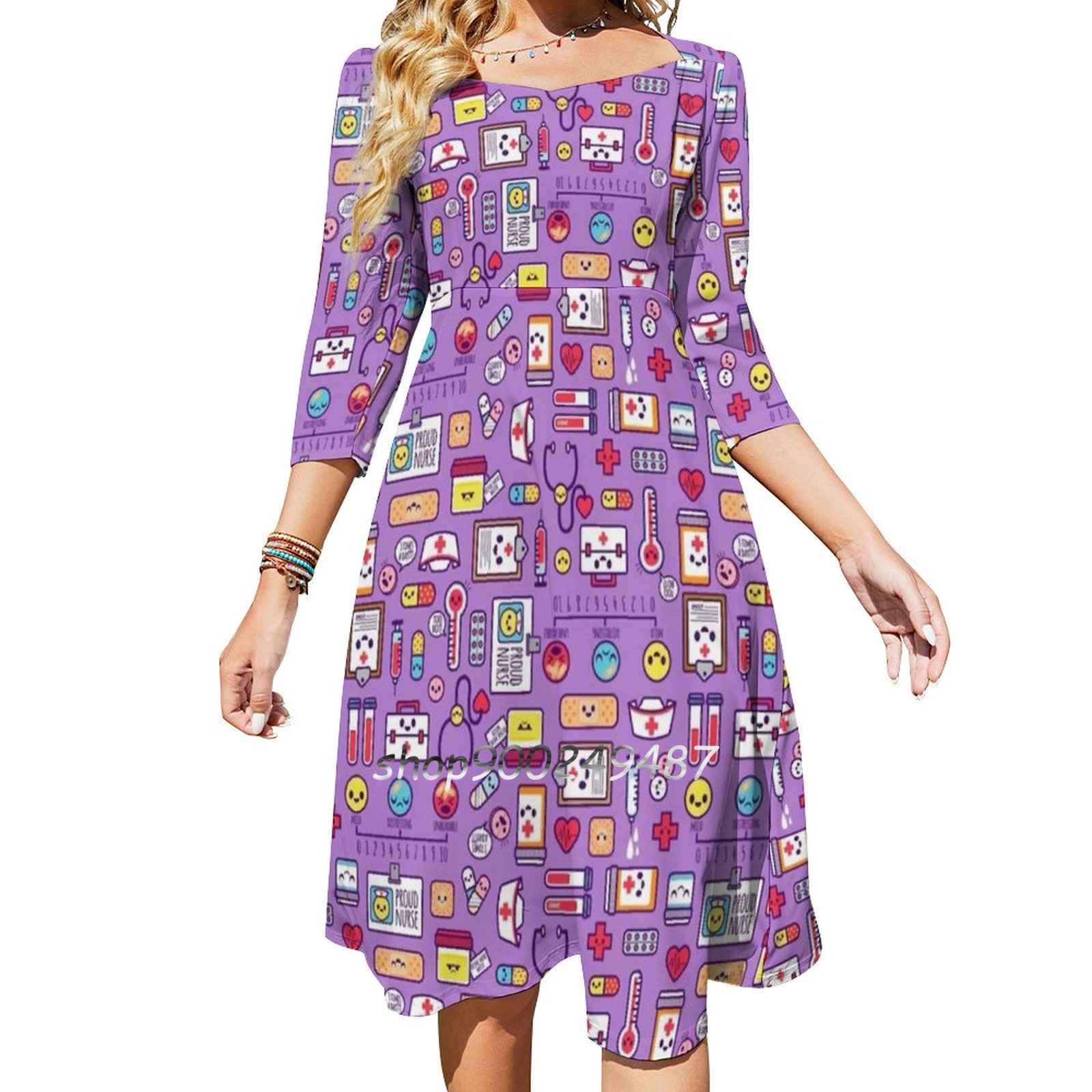 Roswell Flare Dress Square Neck Dress Elegant Female Fashion Printed ...