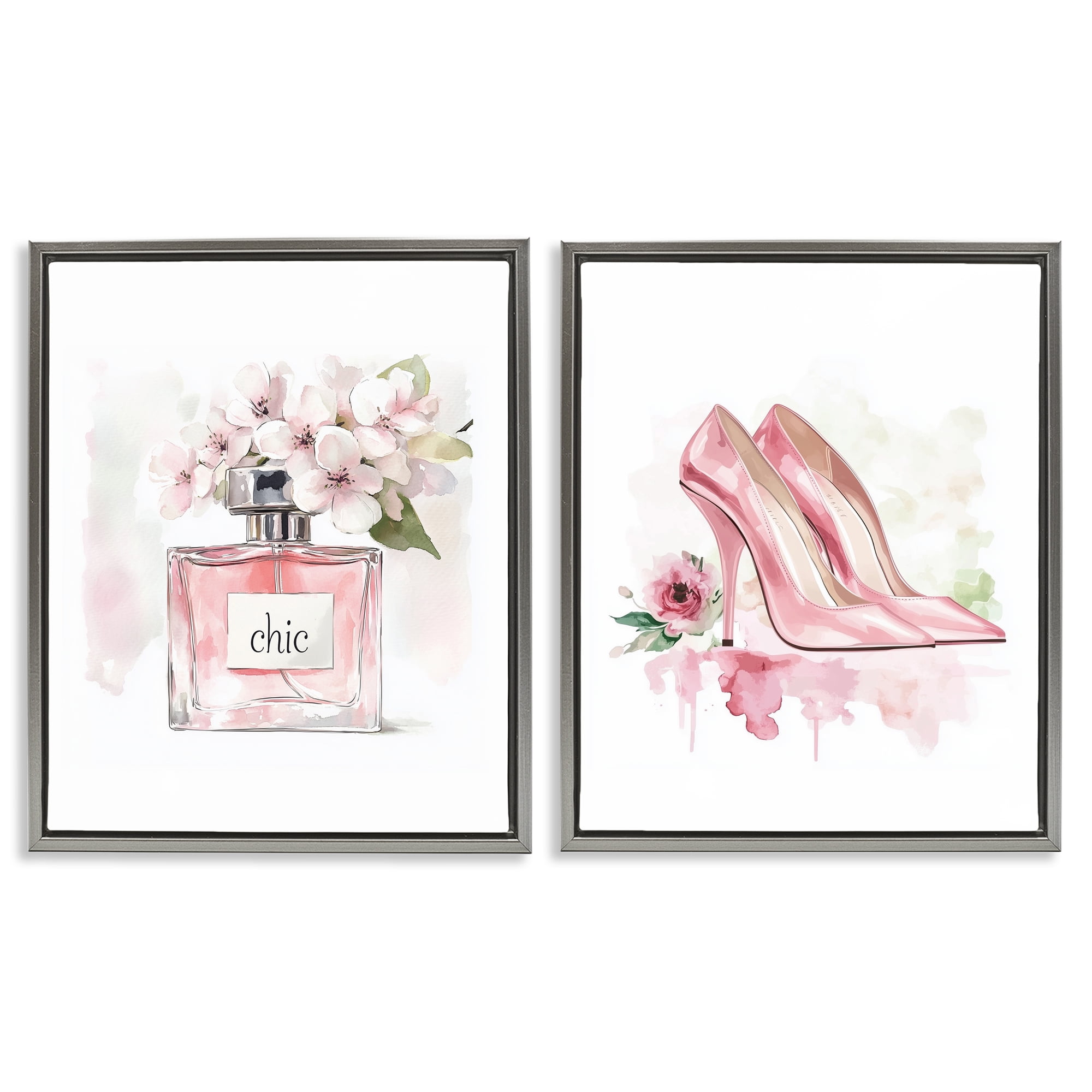 Rosy Pastel Perfume & Heels 2 Piece Gray Framed Floater Canvas Set ...