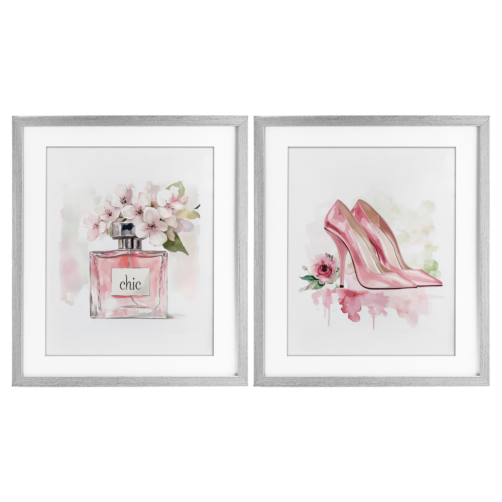 Rosy Pastel Perfume & Heels 2 Piece Gray Framed Print Under Glass Set ...