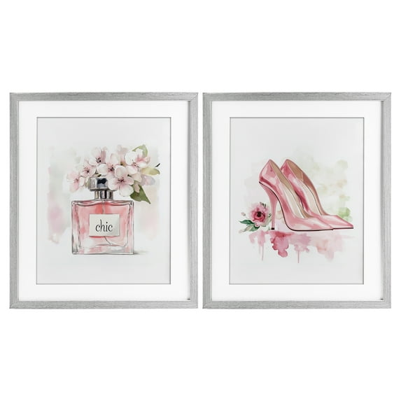 Rosy Pastel Perfume & Heels 2 Piece Gray Framed Print Under Glass Set ...