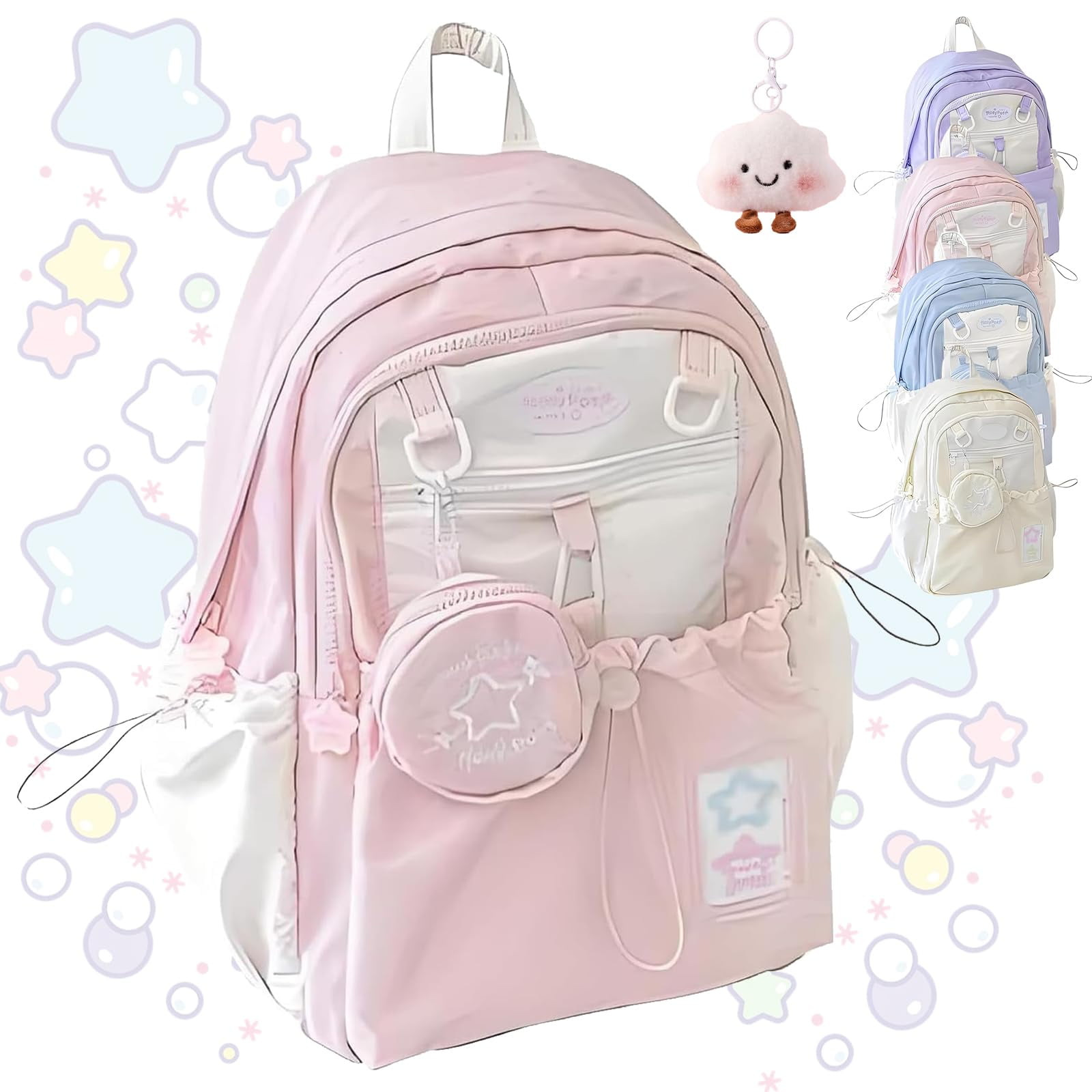 Rosy Posy Backpack, Cream Star Drawstring Backpack, 16" Large Capacity ...