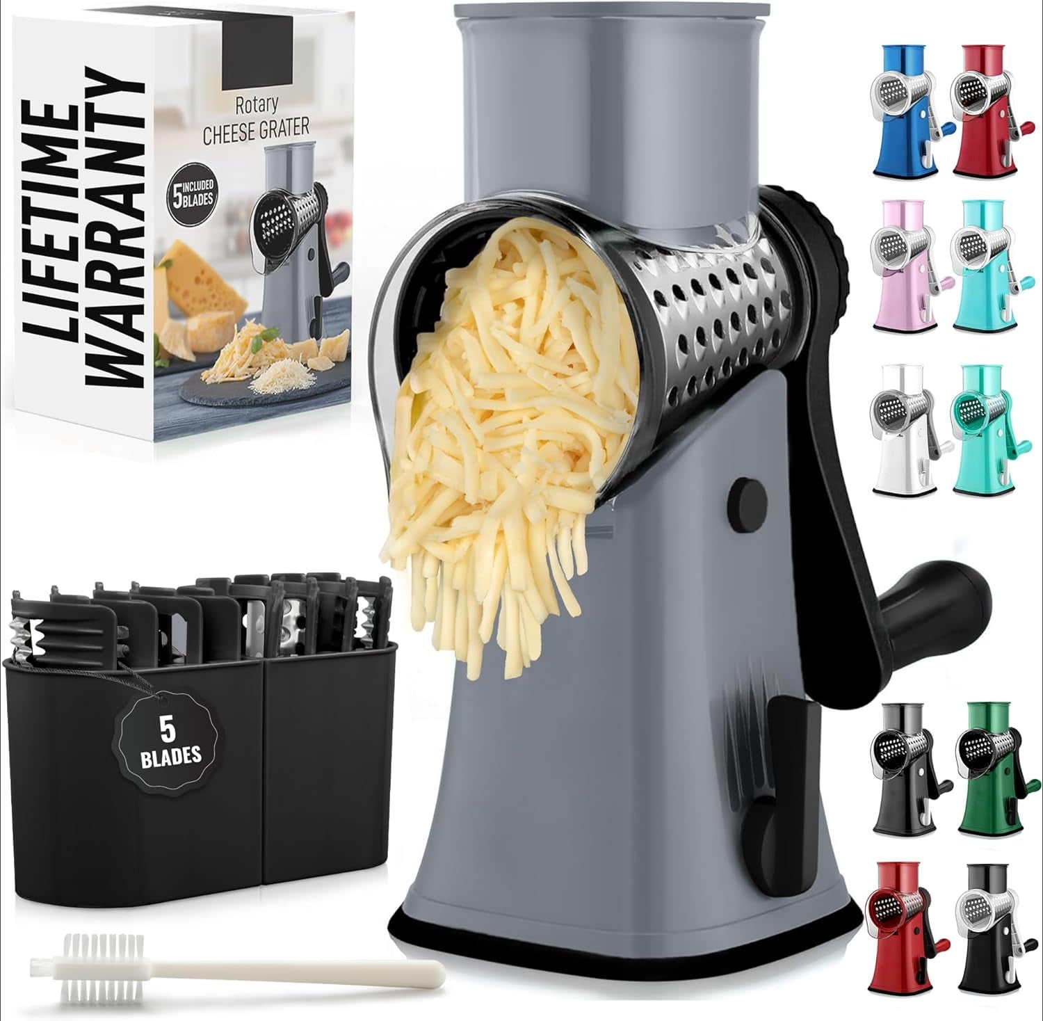 Rotary Cheese Grater 5 Blade Cheese Shredder - Manual Hand Crank Cheese ...