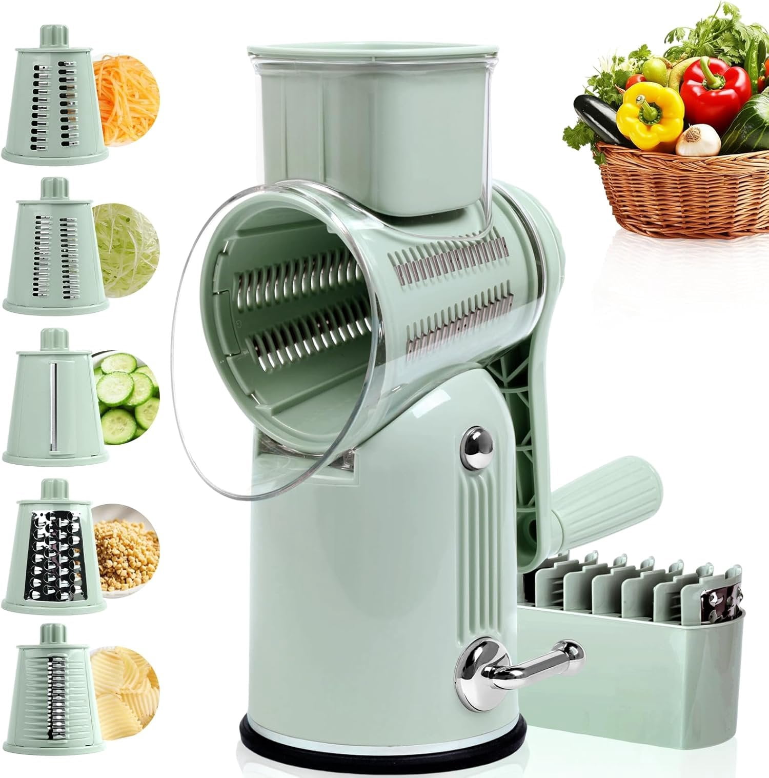 Rotary Cheese Grater with Handle, Vegetable Shredder with 5 Replaceable ...