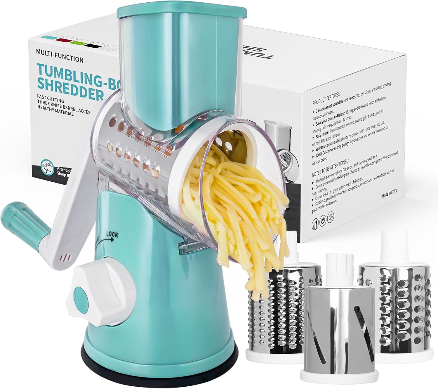Rotary Cheese Grater for Kitchen, Shredder with 3 Interchangeable ...
