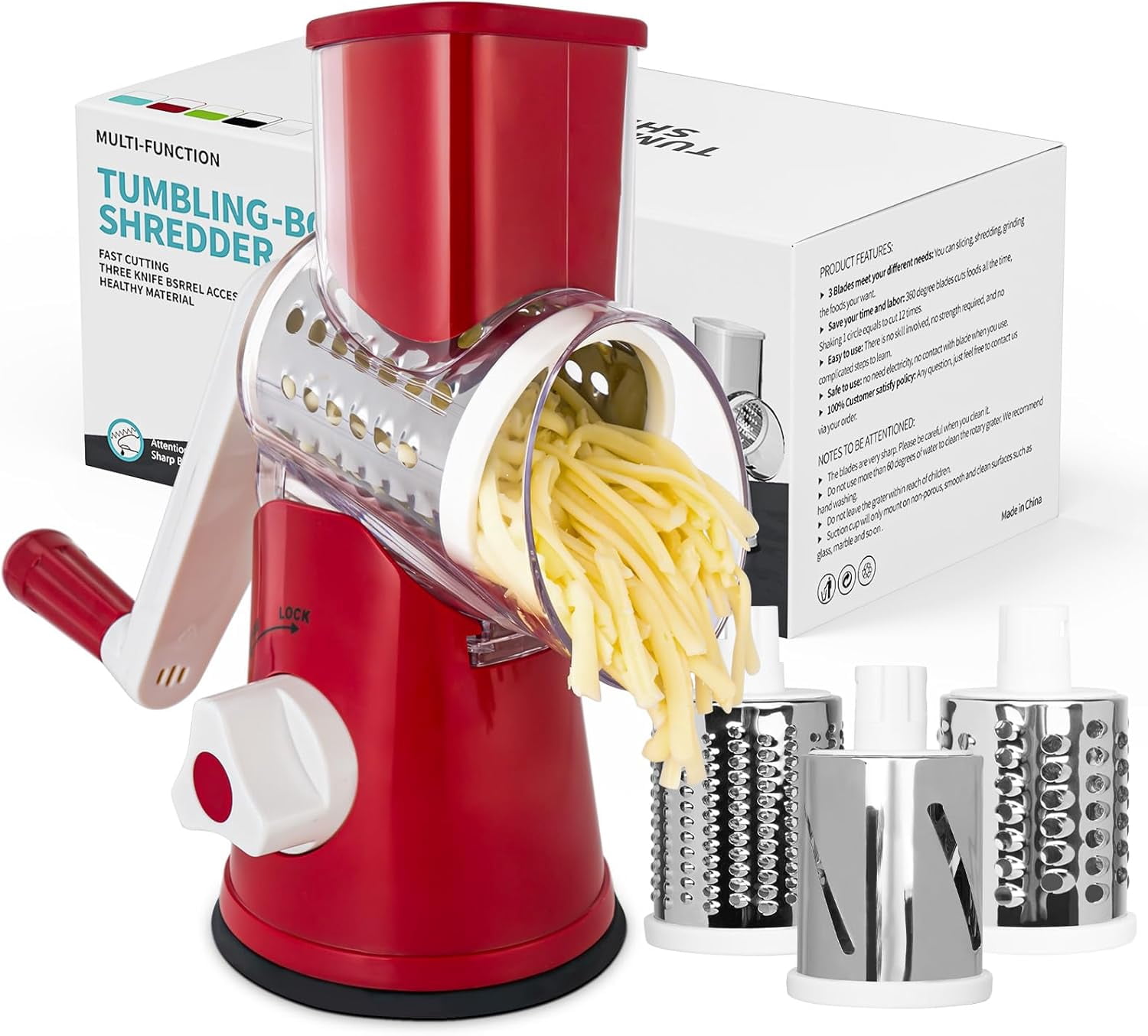 Rotary Cheese Grater for Kitchen, Shredder with 3 Interchangeable ...
