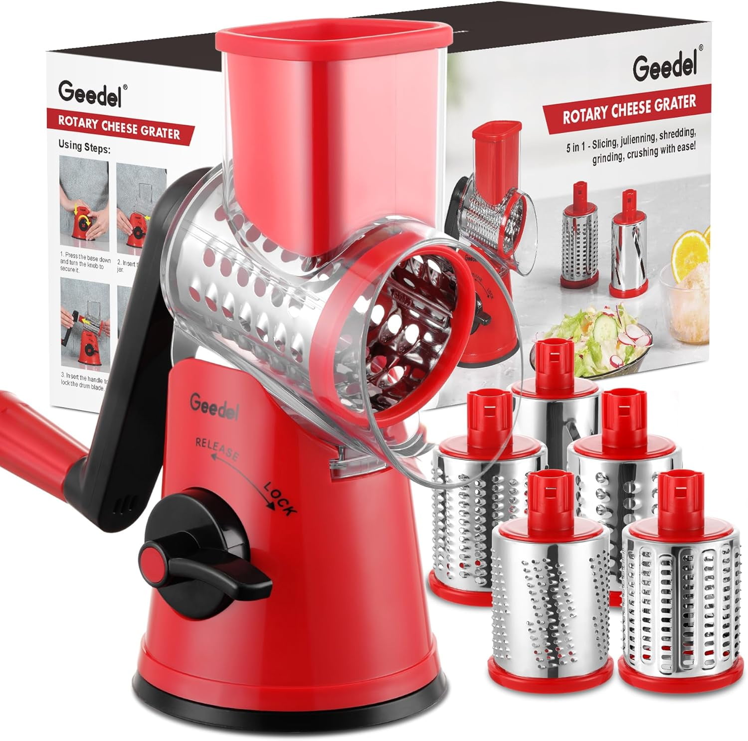 Rotary Cheese Grater Cheese Shredder - Upgraded 5-in-1 Cheese Grater ...