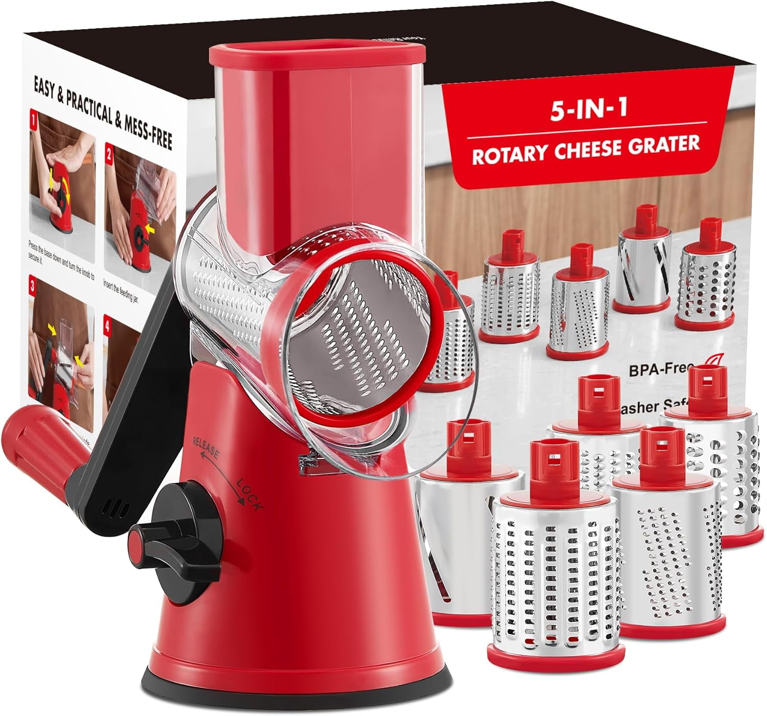 Rotary Cheese Grater, Upgraded 5-in-1 Cheese Grater Hand Crank, Multi ...