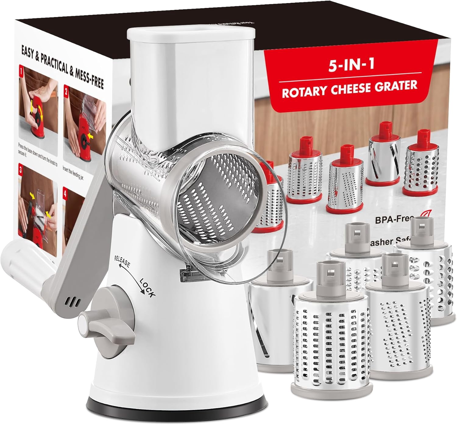 Rotary Cheese Grater, Upgraded 5-in-1 Cheese Grater Hand Crank, Multi ...