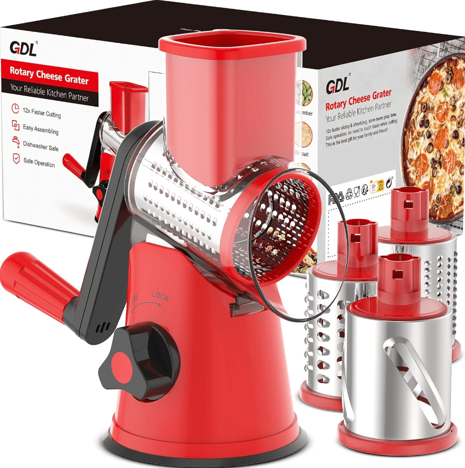 Rotary Cheese Grater, Vegetable Slicer with 3 Interchangeable Blades ...