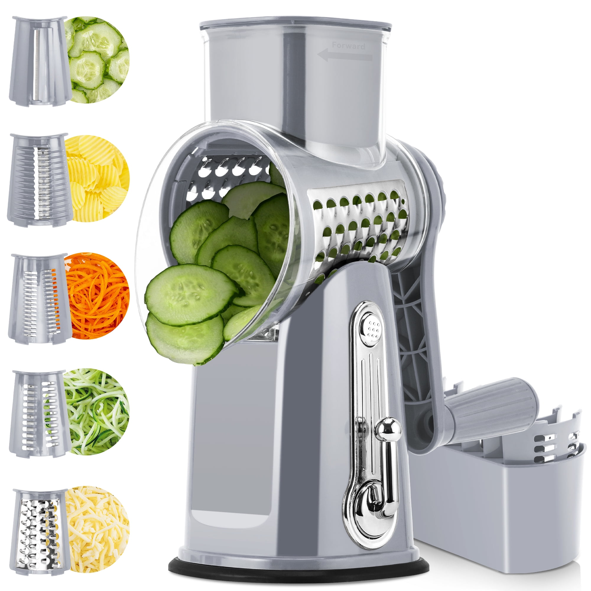 Pukomc Rotary Cheese Grater with Handle- 5 Blades, Suction Base ...