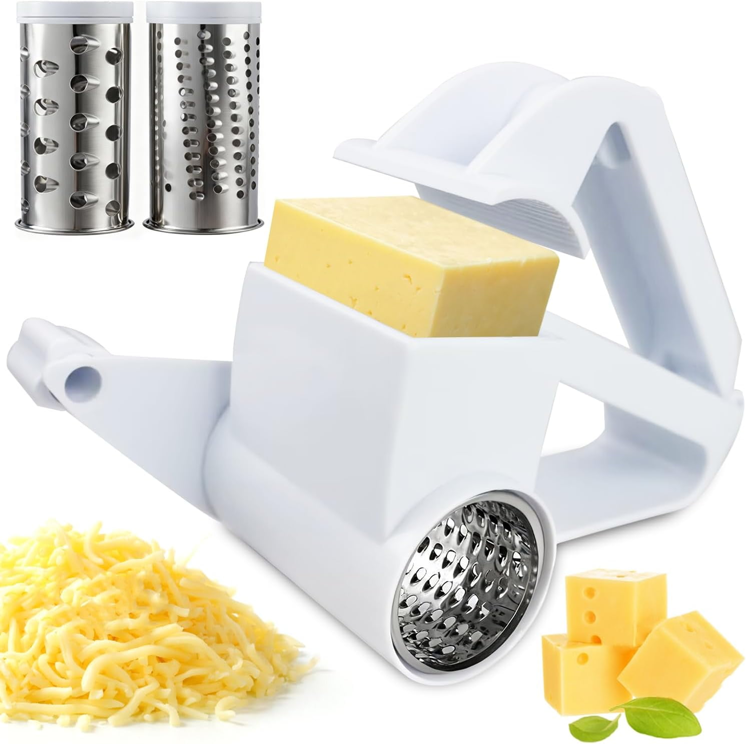 Rotary Cheese Grater with Handle, Handheld 2 Stainless Steel Drums for ...