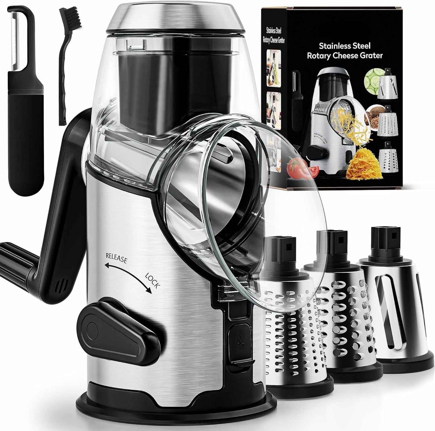 Rotary Cheese Grater with Handle - Mandoline Slicer with 3 Stainless ...