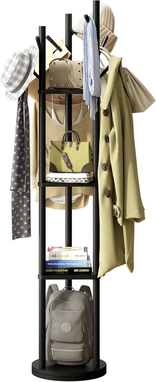 Rotary Coat Rack, 3 Tier Freestanding Coat Rack with 9 Hooks and 3 ...