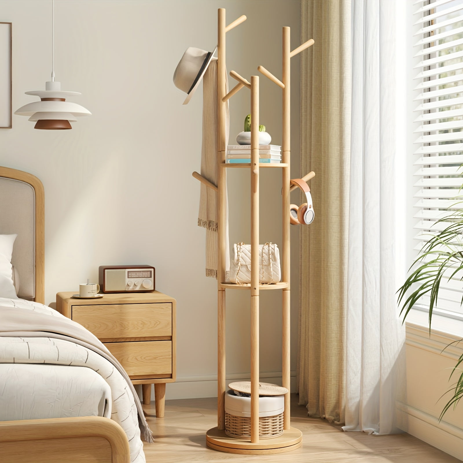 Rotary Coat Rack, Wooden Coat Rack Freestanding with 3 Shelves and 9 ...