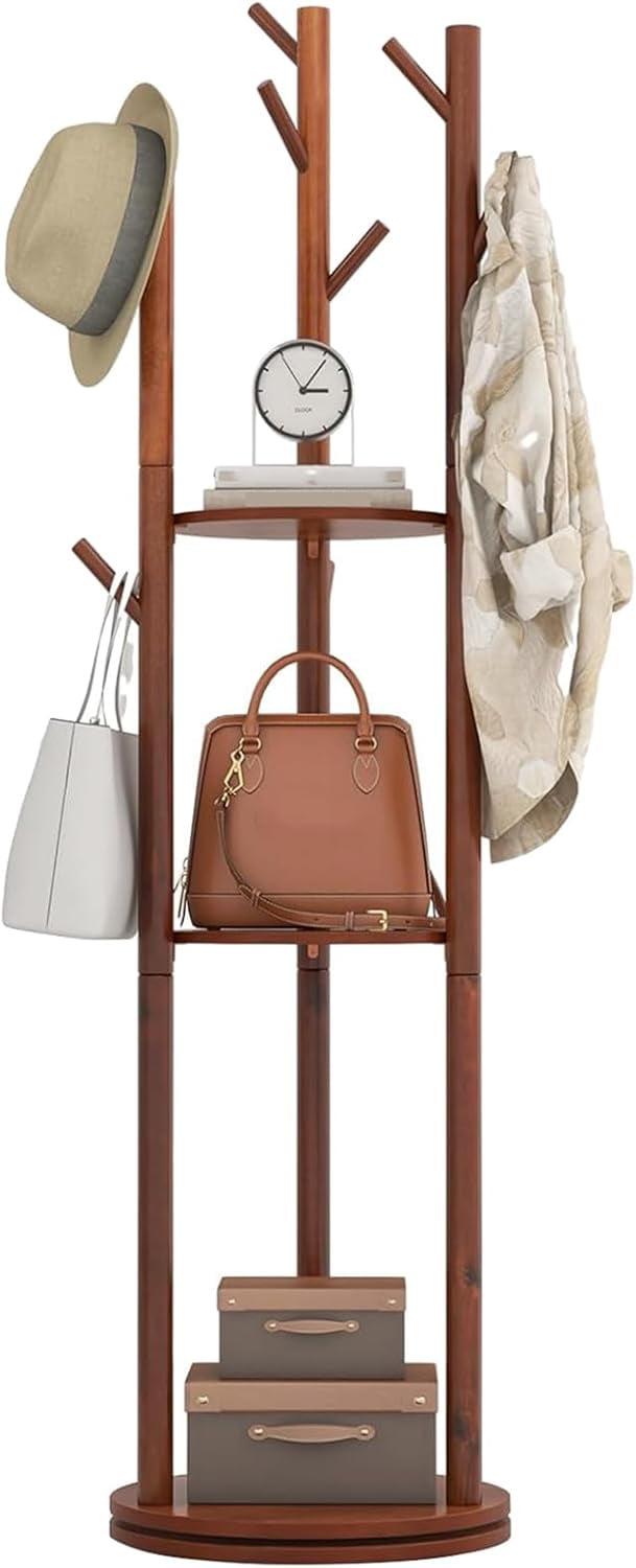 Rotary Coat Rack, Wooden Coat Rack Freestanding with 3 Shelves and 9 ...
