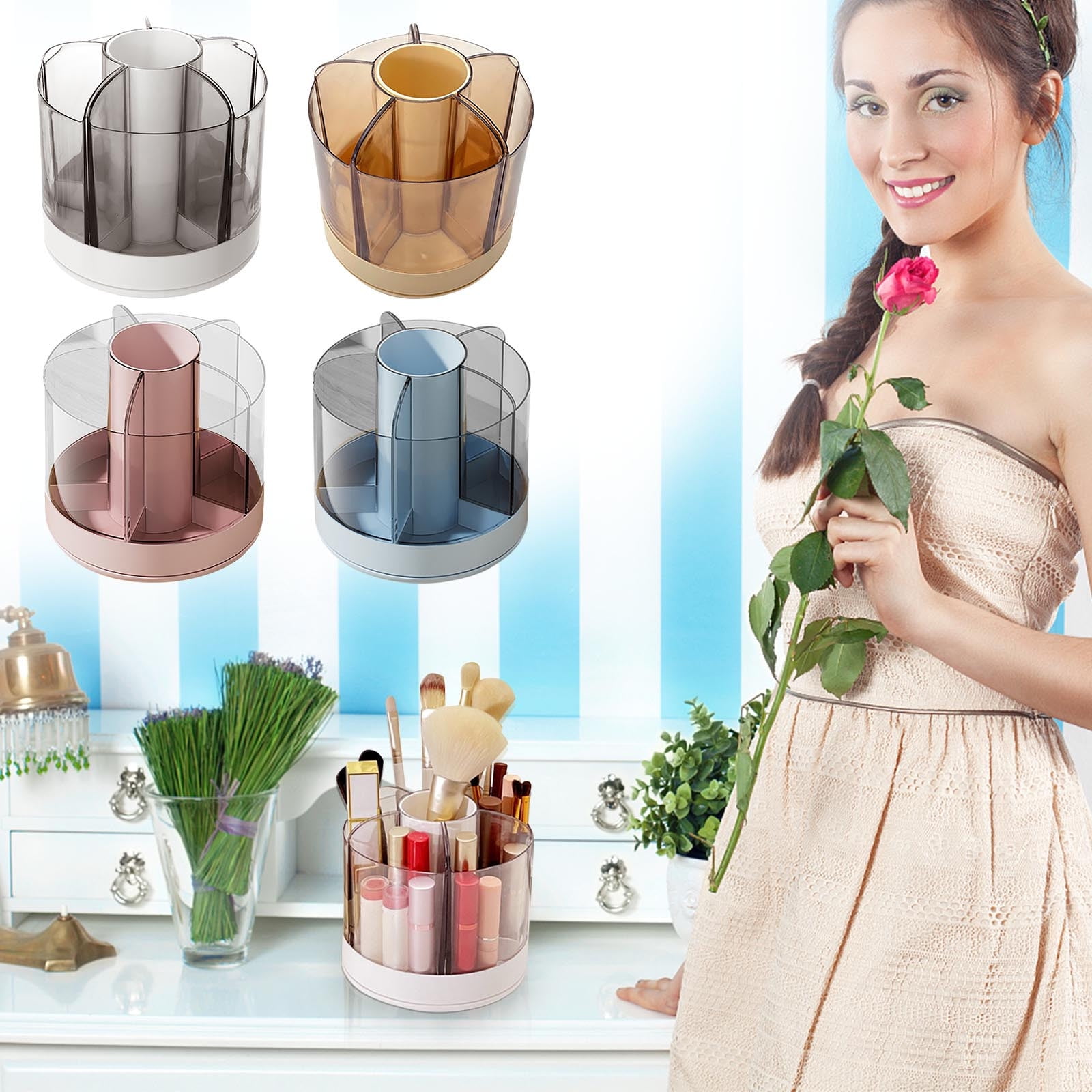 Rotary Makeup Brush Organizer, Spinning Storage Container with 60 Brush ...