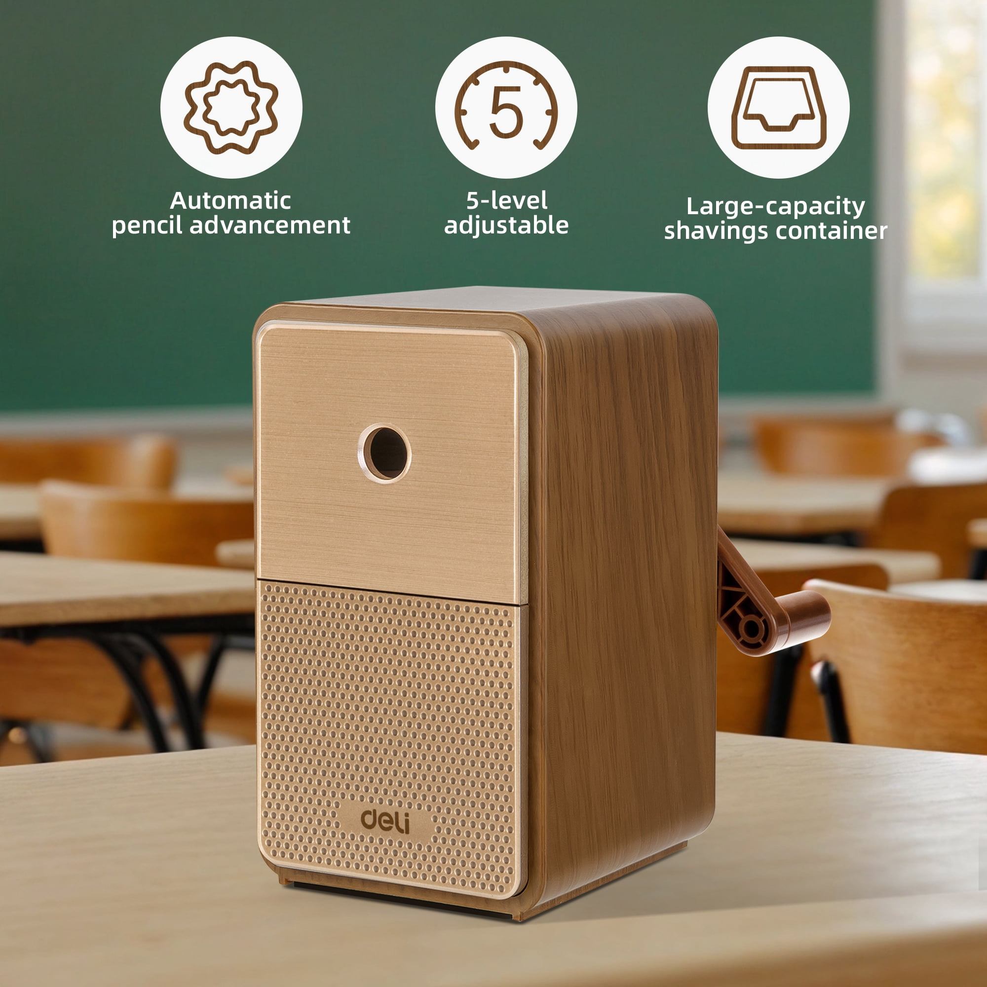 Deli Manual Pencil Sharpener - Auto-in Hand Crank with Adjustable Point ...