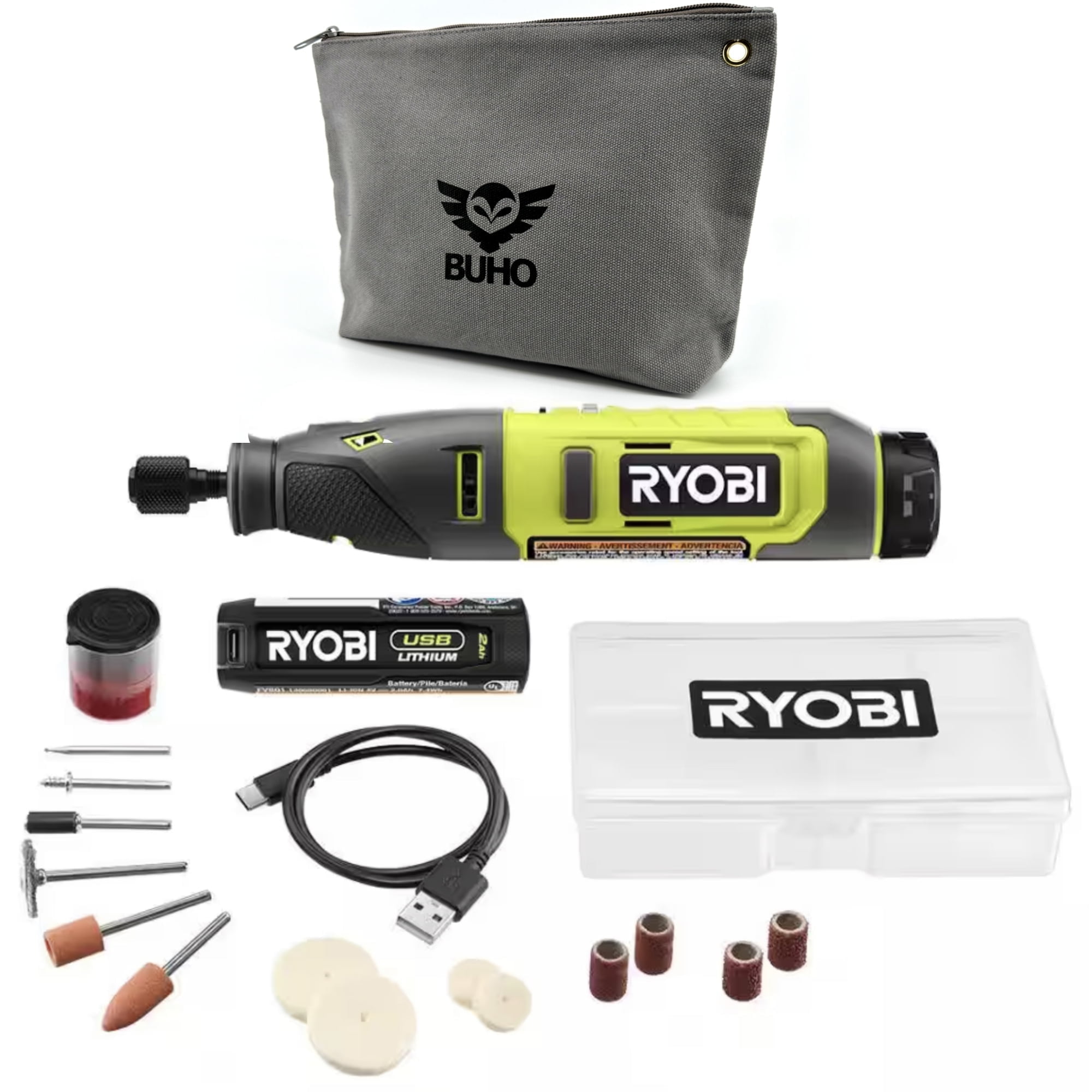 Ryobi USB Lithium Rotary Tool Kit, 15 Accessories, Quick-Change Collet ...