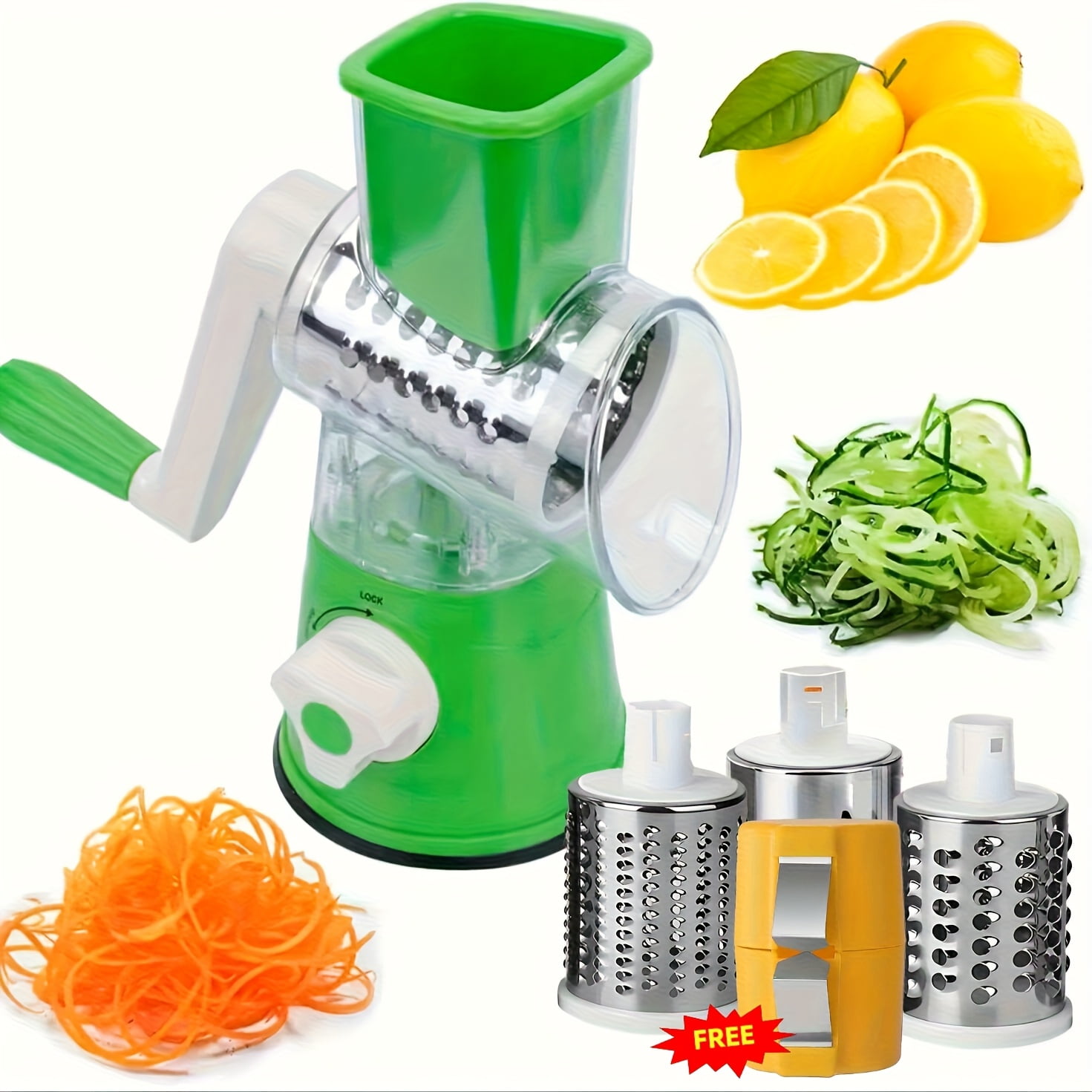 Rotary Vegetable Chopper Cheese Grater 3 Replaceable Drum Blades Manual ...