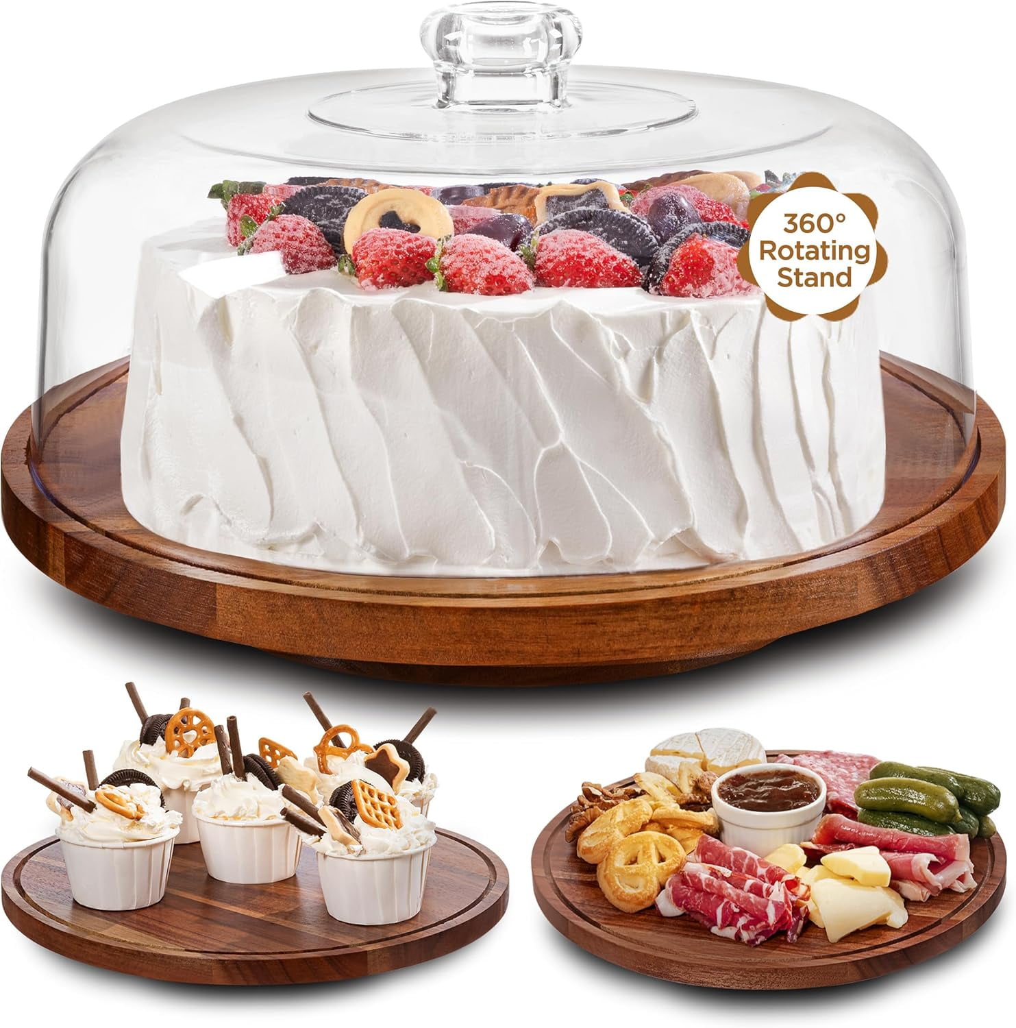 Rotatable Acacia Wood Cake Display Stand with Acrylic Dome Lid - 2-in-1 ...
