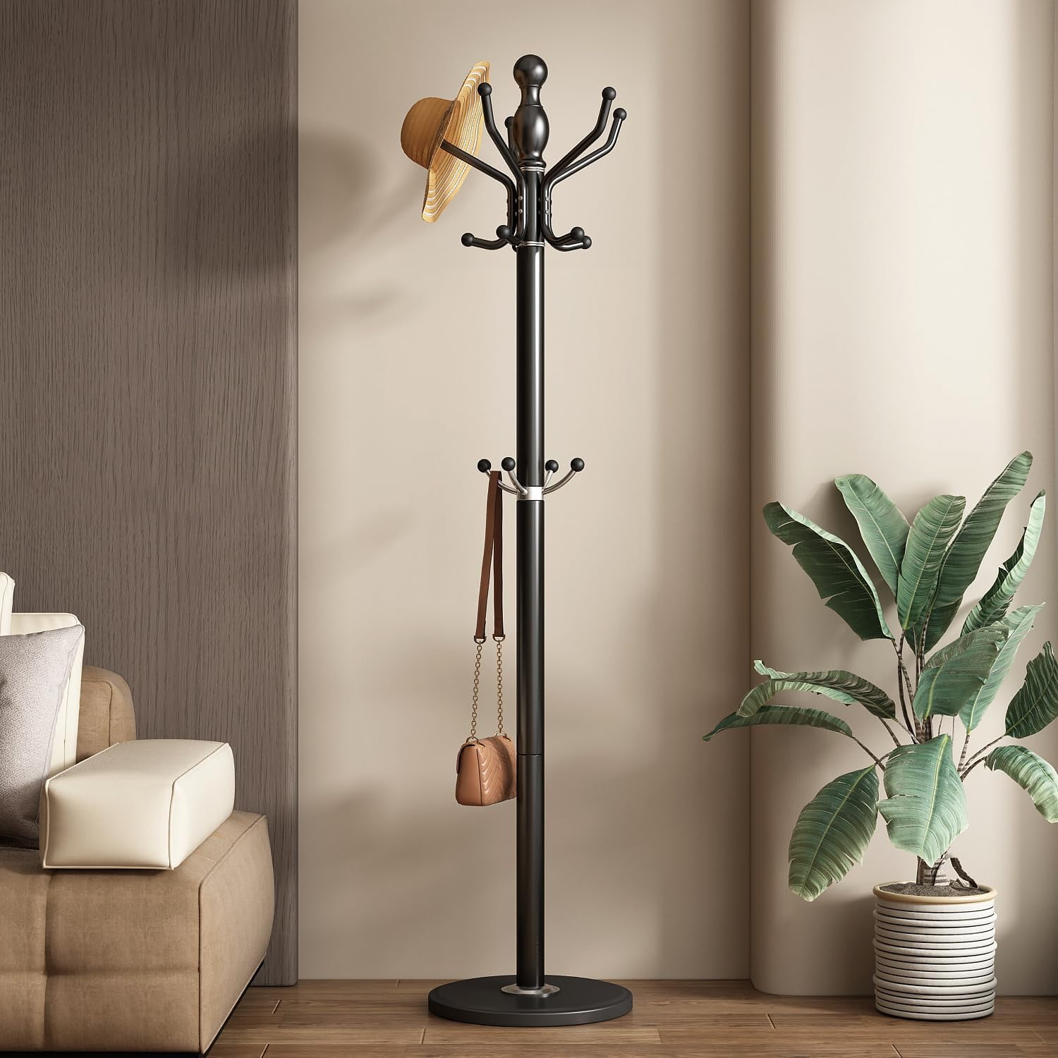 Rotatable Black Coat Rack Freestanding, Entryway Tree Metal Coat Rack ...