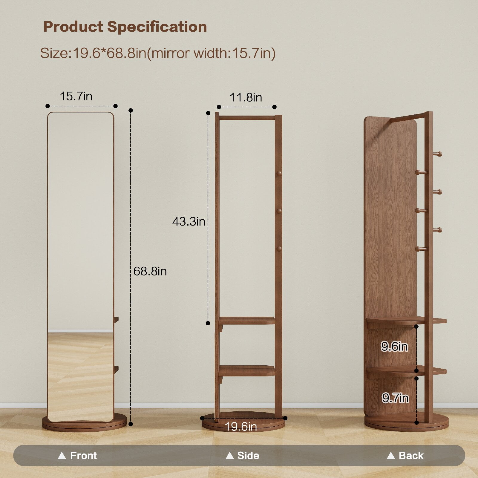 Rotatable Full Body Mirror, 360° Rotating Wood Full Length Mirror with ...