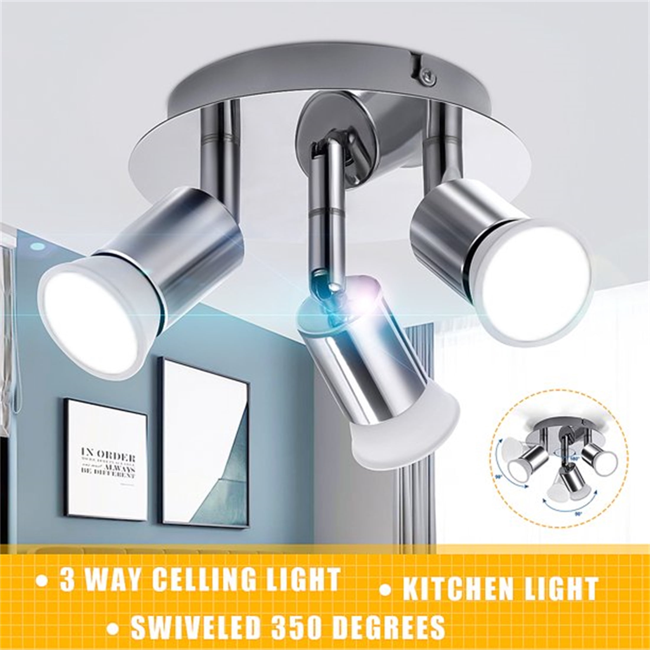 Rotatable LED Ceiling Light Fixture 3 Heads GU10 Spot Light for Living ...
