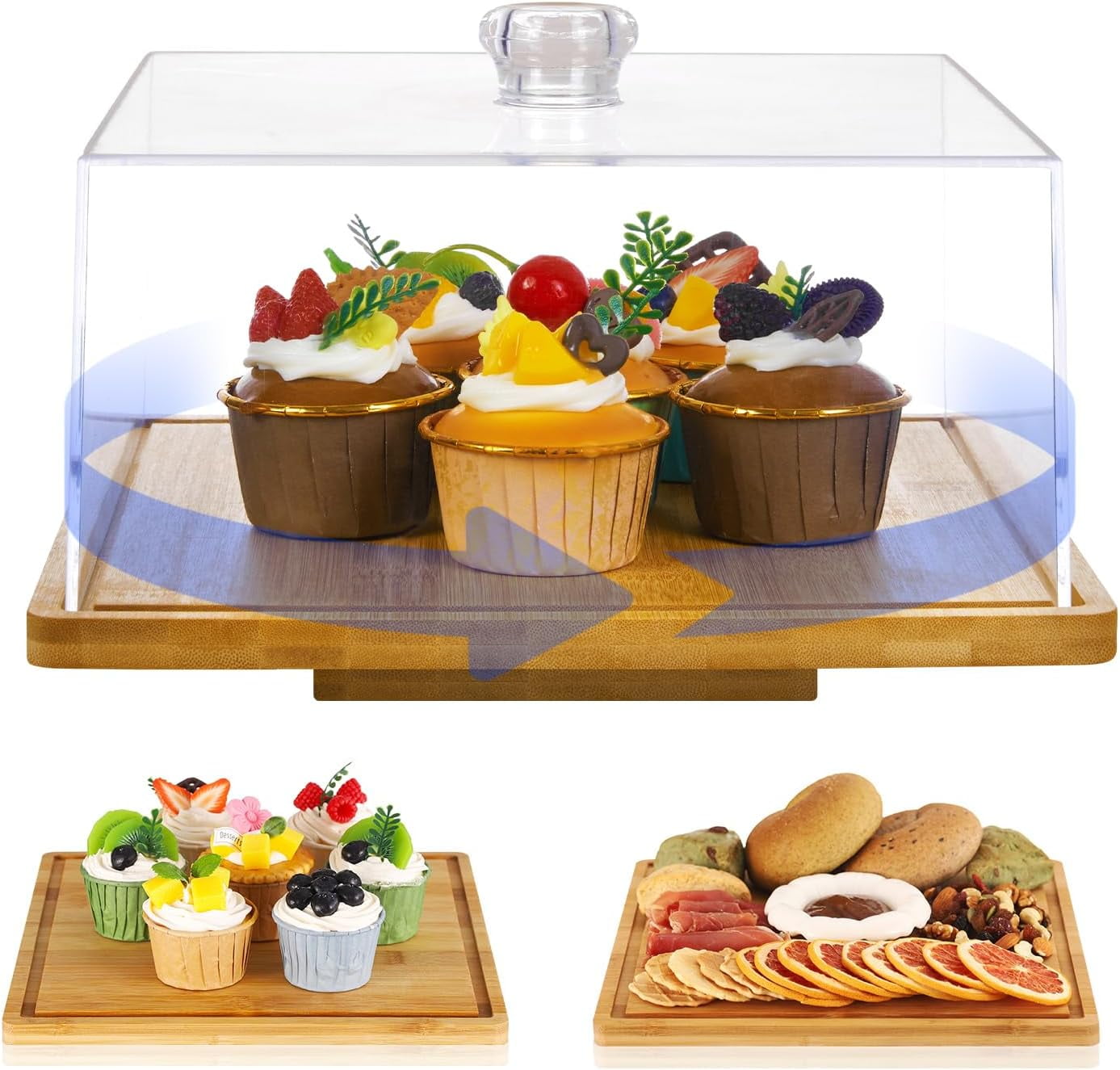 Rotatable Square Cake Stand，Cake Stand with Dome，Rotating Dessert ...