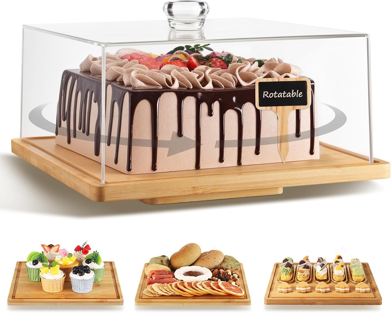 Rotatable Square Cake Stand，Cake Stand with Dome，Rotating Dessert ...