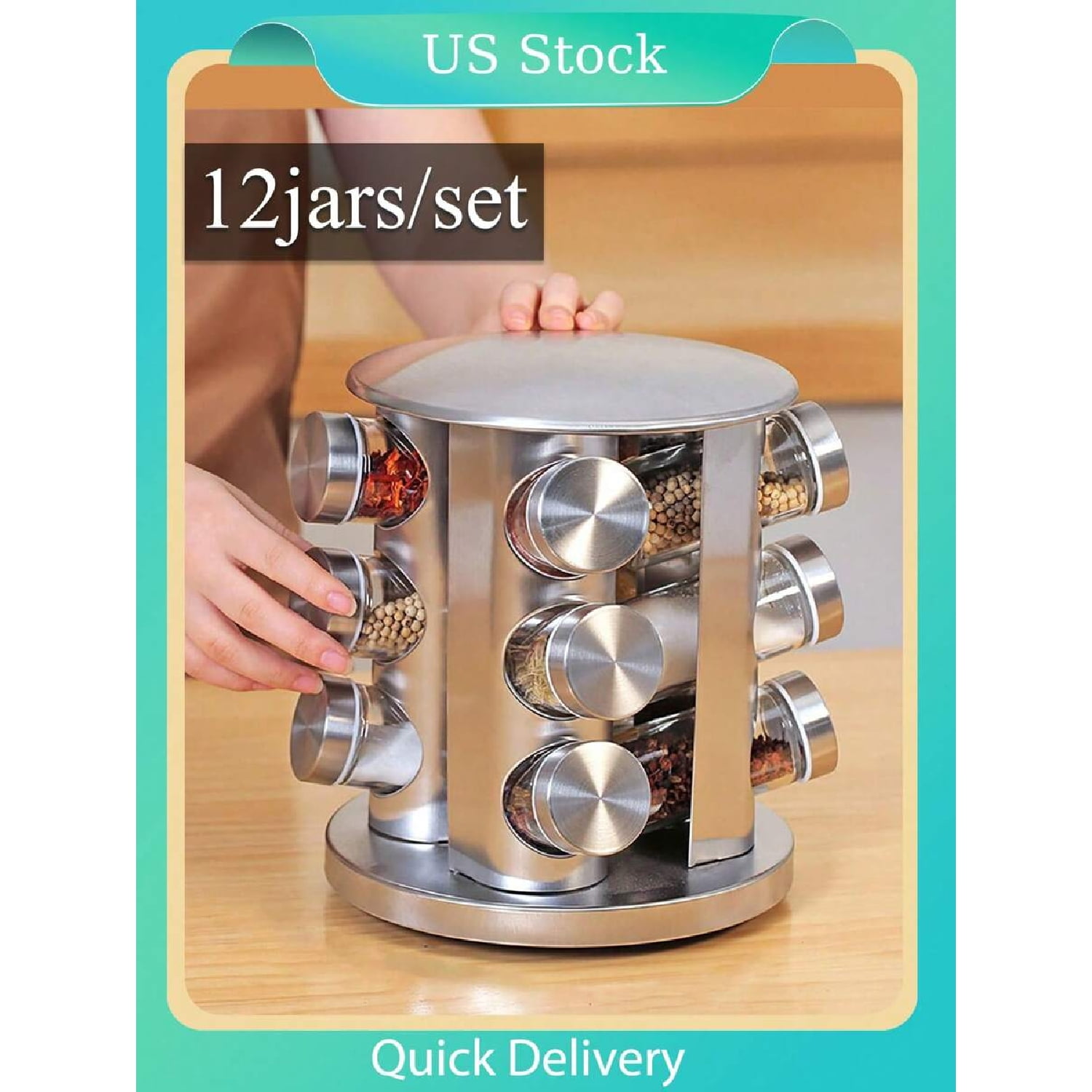 Rotatable Stainless Steel Spice Seasoning Organizer Rack with 12 Glass ...