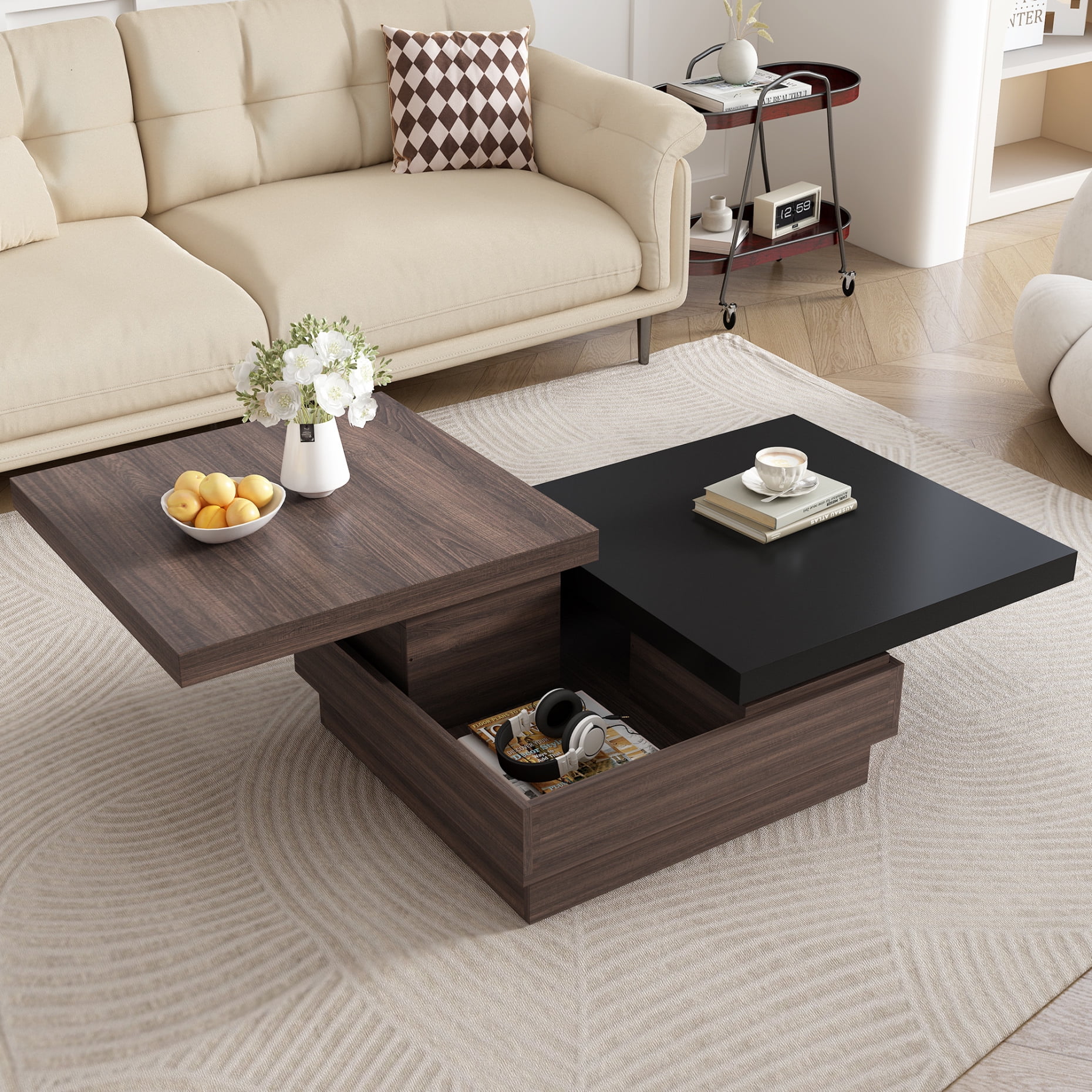 Rotatable Top Coffee Table, Low Coffee Tables with Hidden Storage Space ...