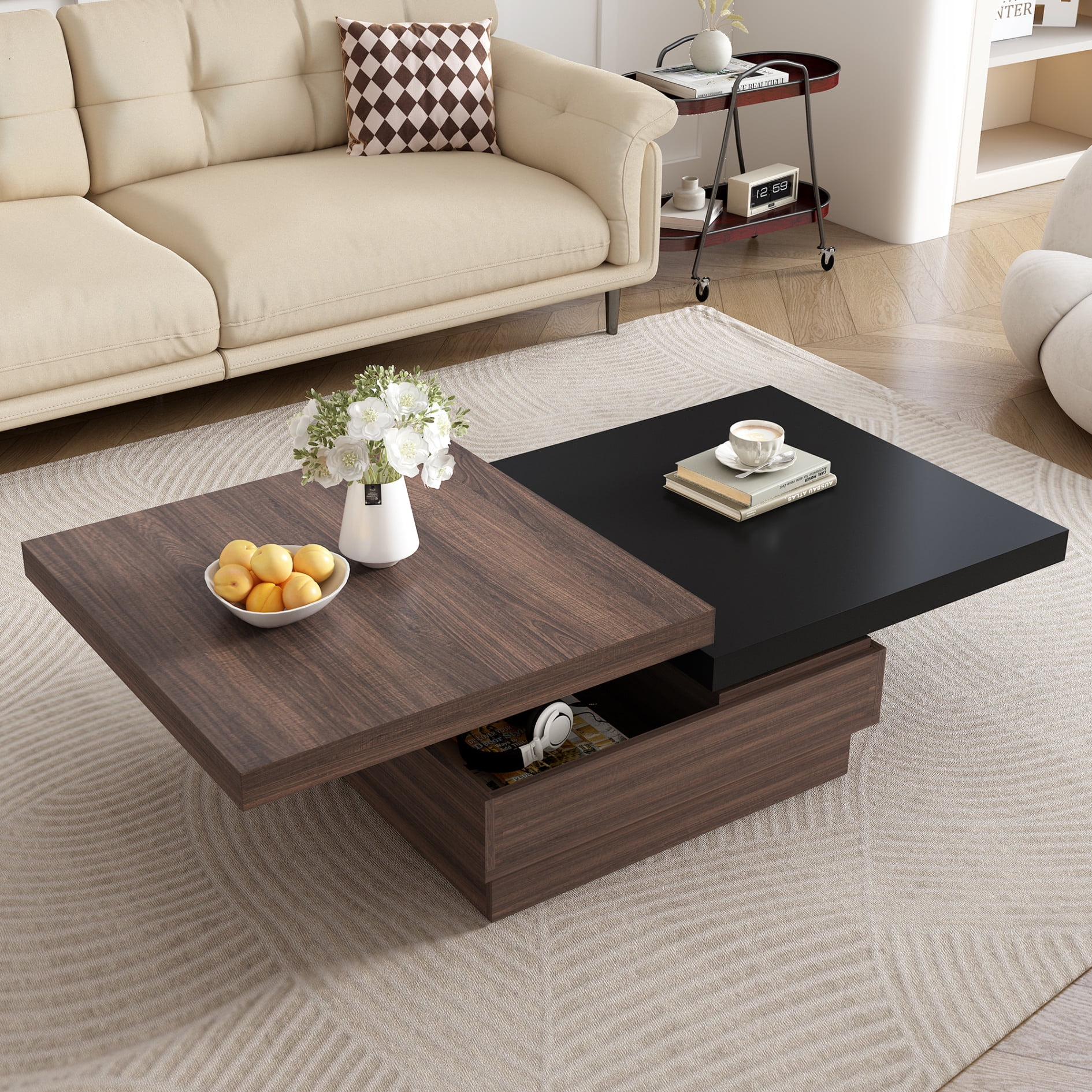 Rotatable Top Coffee Table with Storage, Wood Grain Modern Dining Table ...