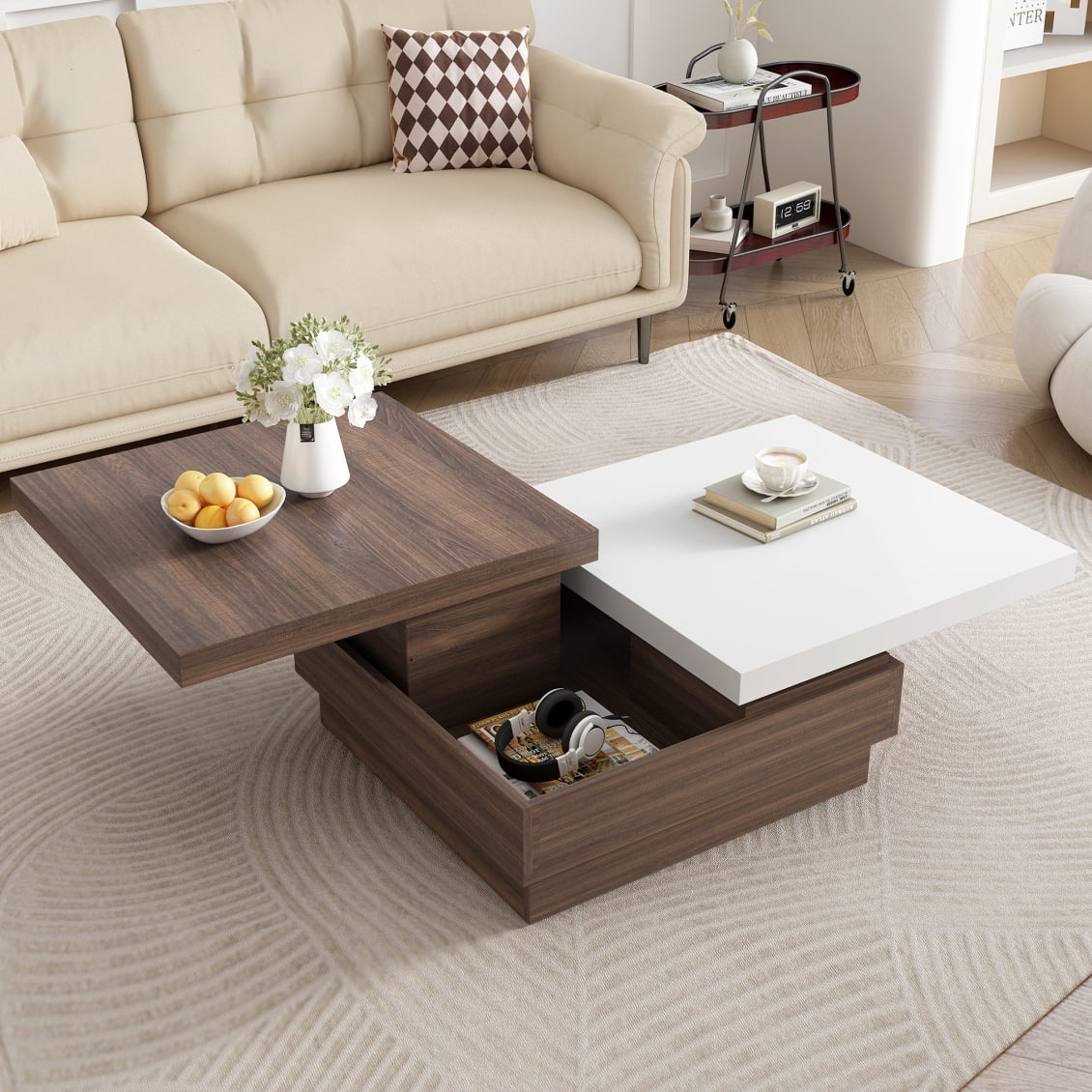 Rotatable Top Coffee Table with Storage, Wood Grain Modern Dining Table ...