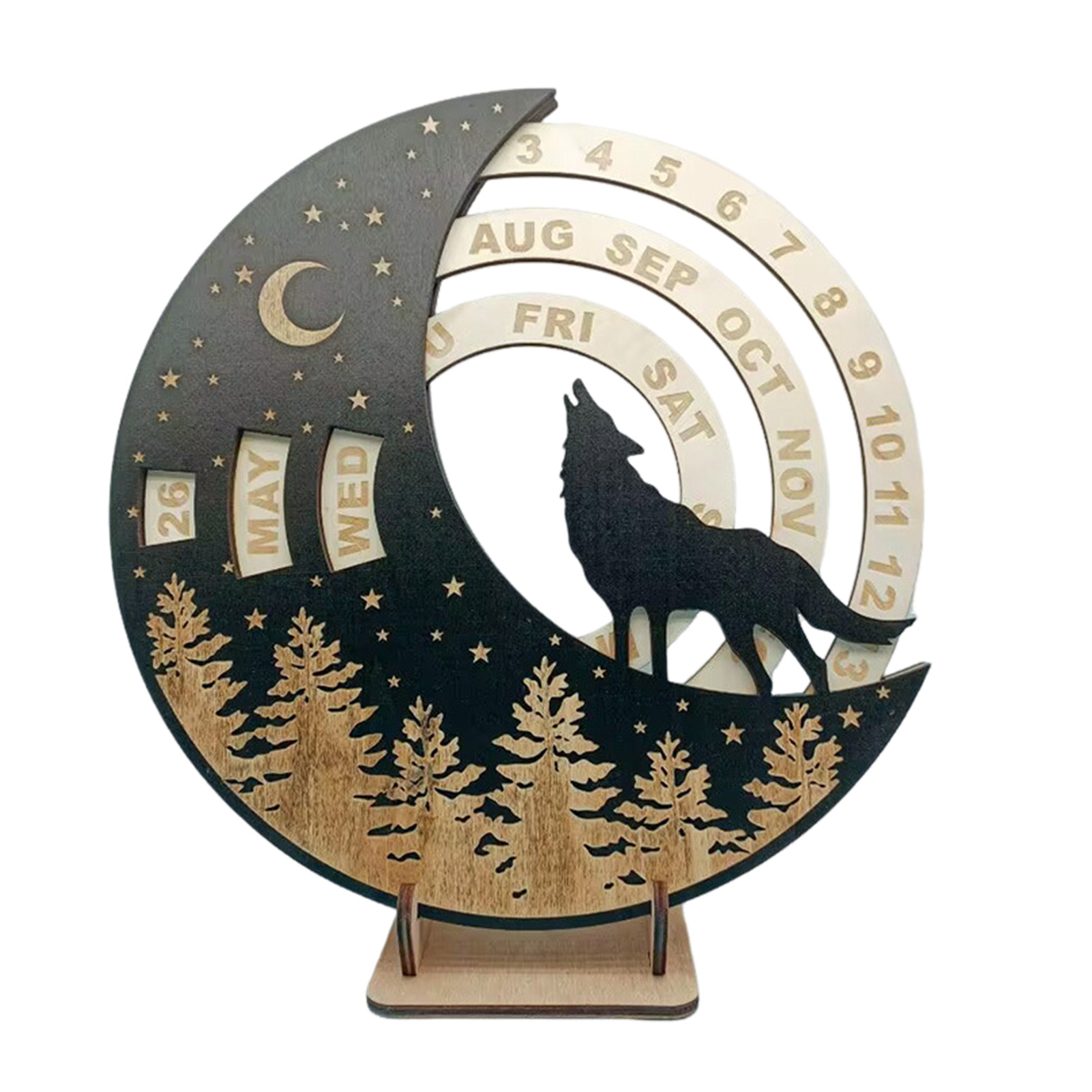 Rotatable Wooden Perpetual Desk Calendar with Base Heavy Duty Date Week ...