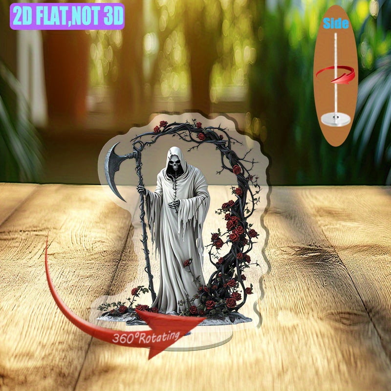 Rotatable acrylic decoration featuring a solemn Grim Reaper in a ...