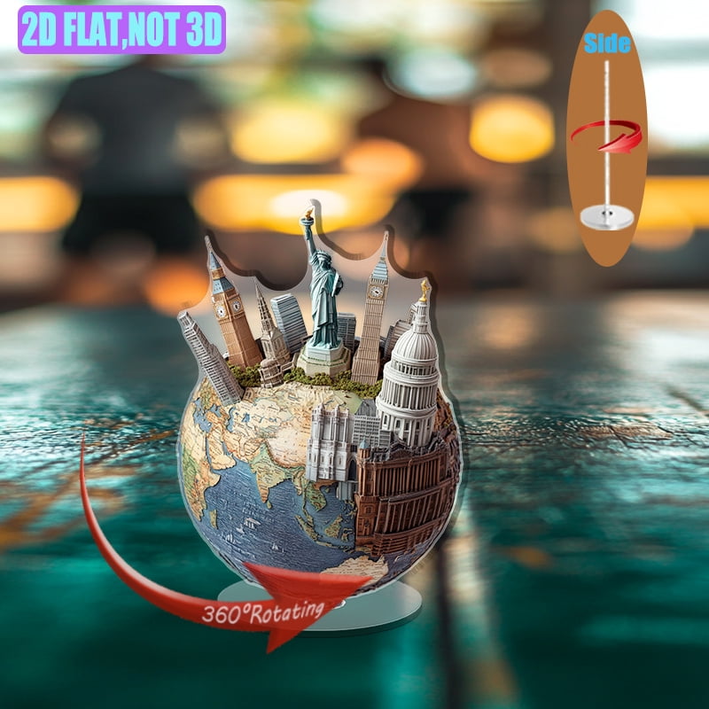Rotatable acrylic display featuring a detailed globe showcasing iconic ...